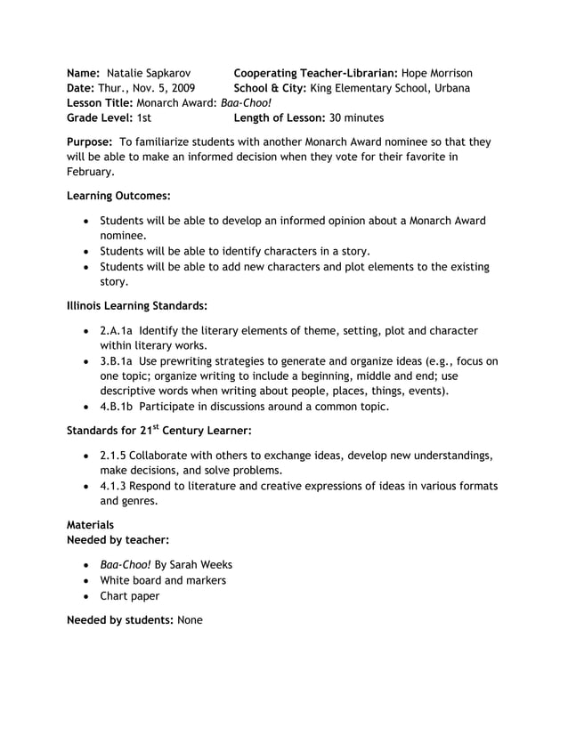Baa-Choo! Monarch Award Lesson Plan | DOCX | Education