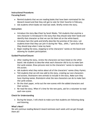 Baa-Choo! Monarch Award Lesson Plan | DOCX