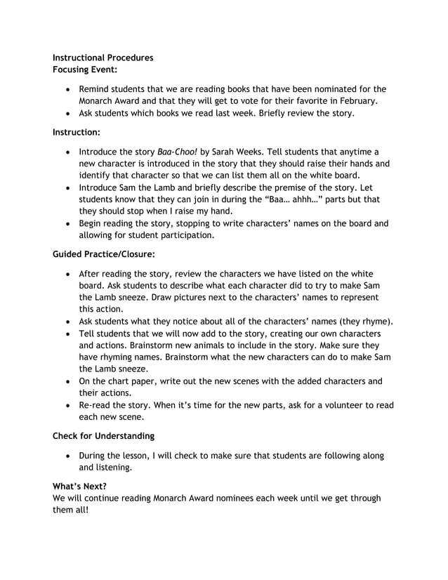 Baa-Choo! Monarch Award Lesson Plan | DOCX | Education