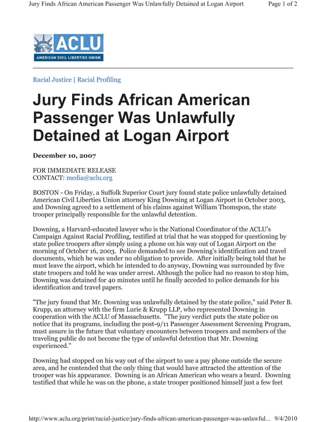 KING DOWNING (Racial Profiling Victim) - ACLU | PDF
