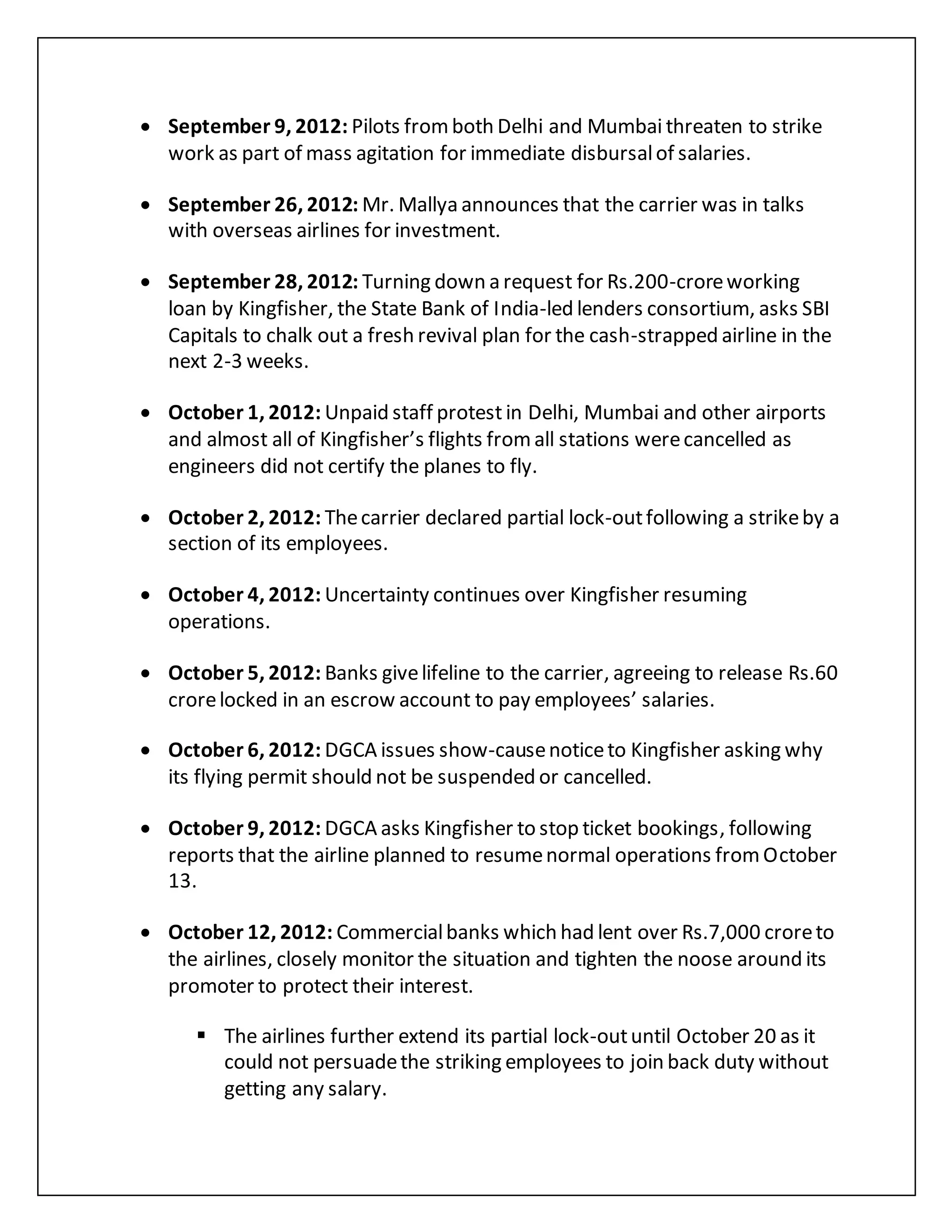 Kingfisher airlines timeline | DOCX
