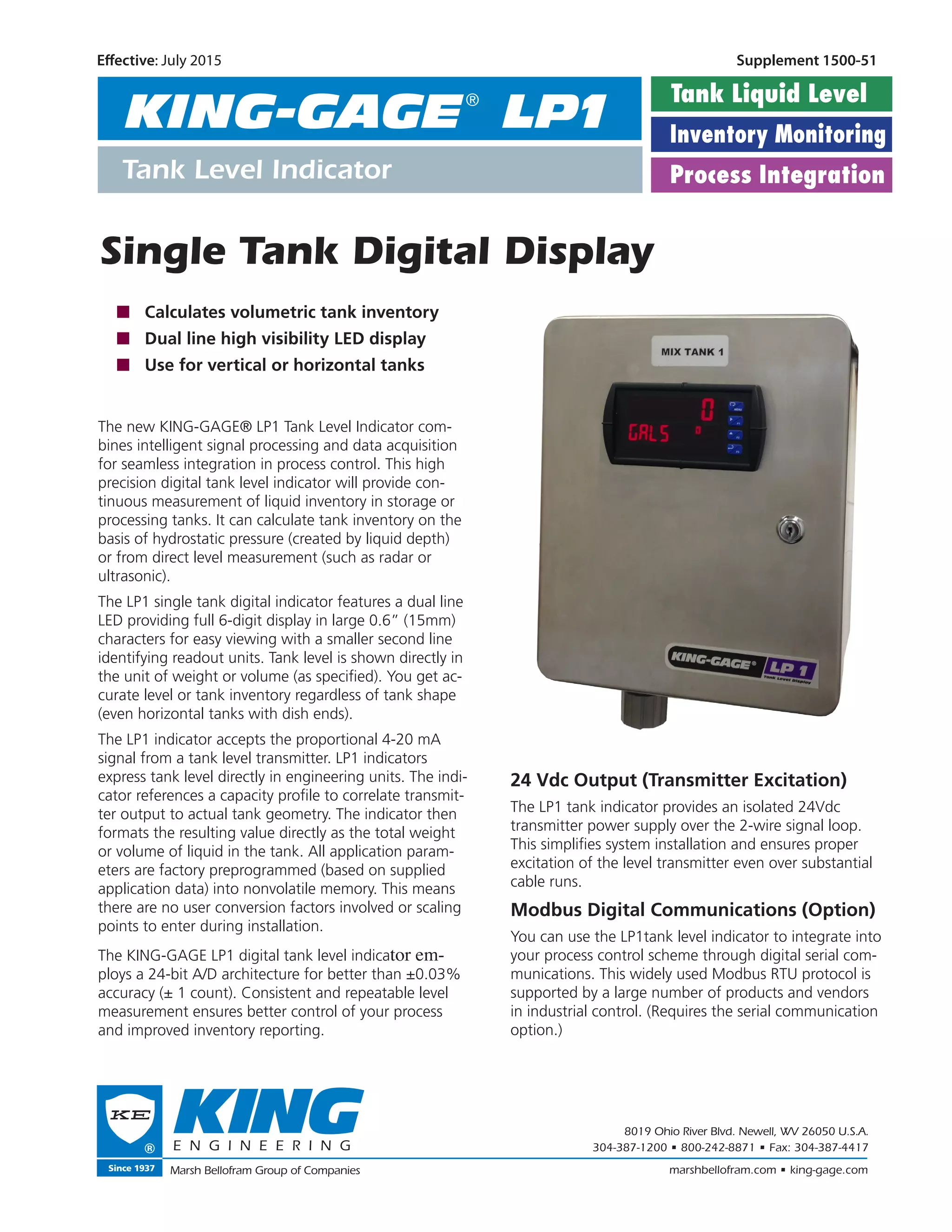 Single Tank Liquid Level Monitor - King Gage | PDF