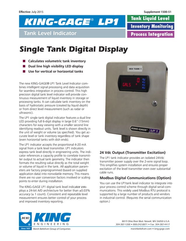 Single Tank Liquid Level Monitor - King Gage | PDF