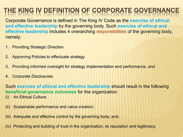KING IV Report On Corporate Governance In South Africa Part I | PPTX