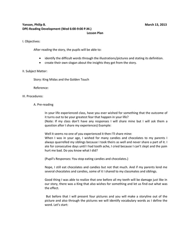 Lesson plan King midas andthe golden touch | DOC