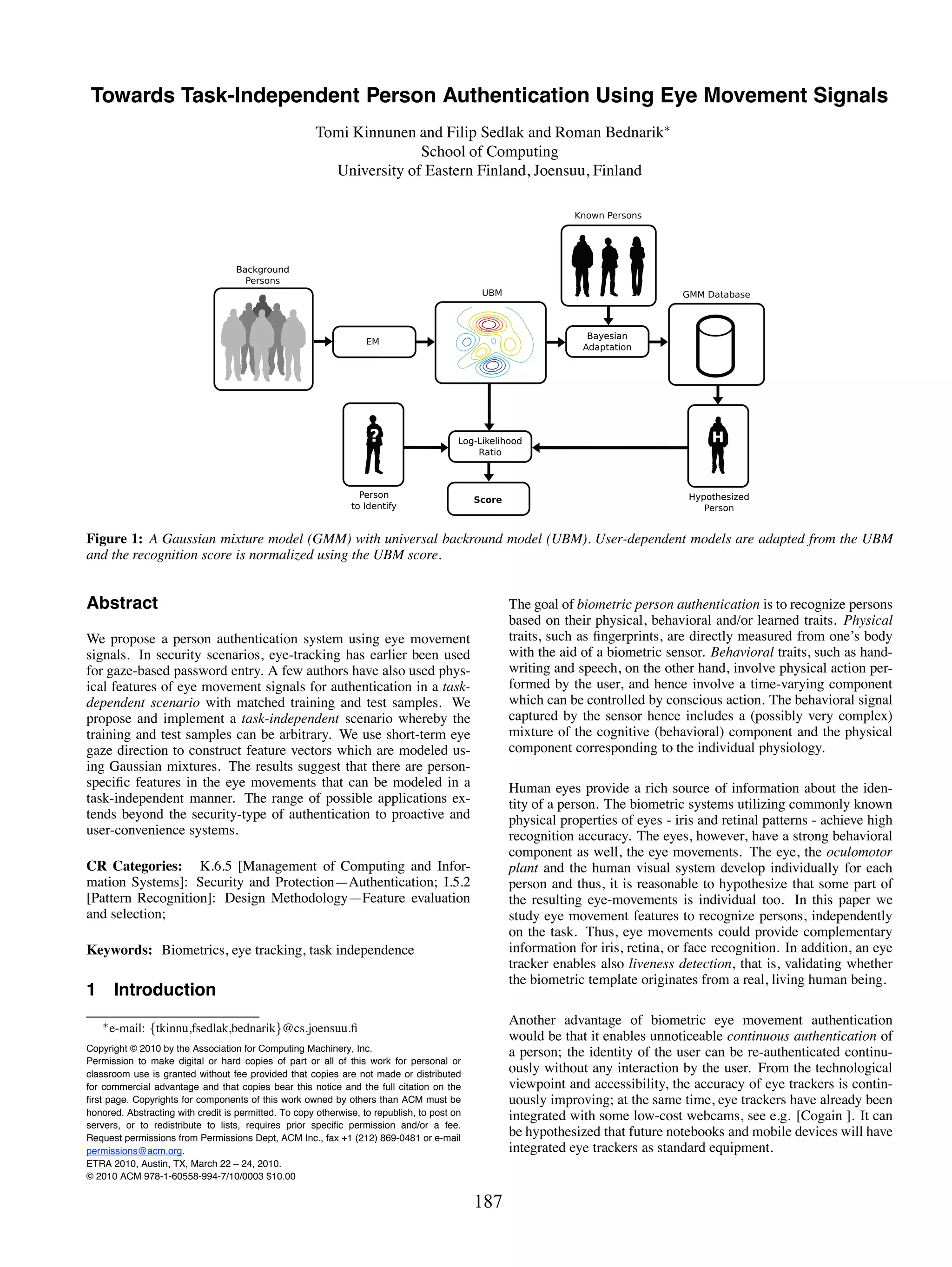 Kinnunen Towards Task Independent Person Authentication Using Eye Movement Signals | PDF ...