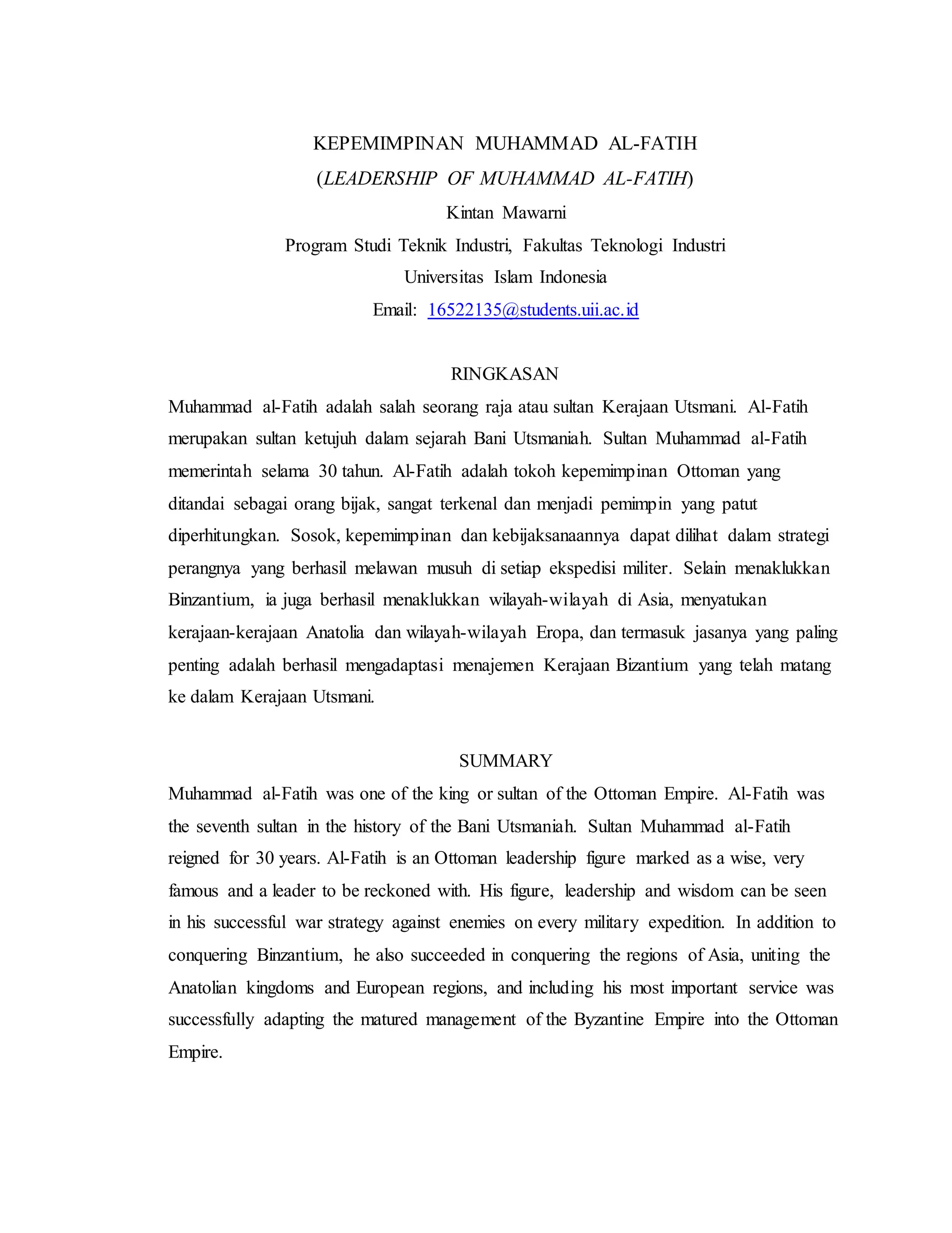 KEPEMIMPINAN MUHAMMAD AL-FATIH (LEADERSHIP OF MUHAMMAD AL-FATIH) | DOCX