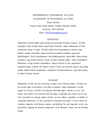 KEPEMIMPINAN MUHAMMAD AL-FATIH (LEADERSHIP OF MUHAMMAD AL-FATIH) | DOCX