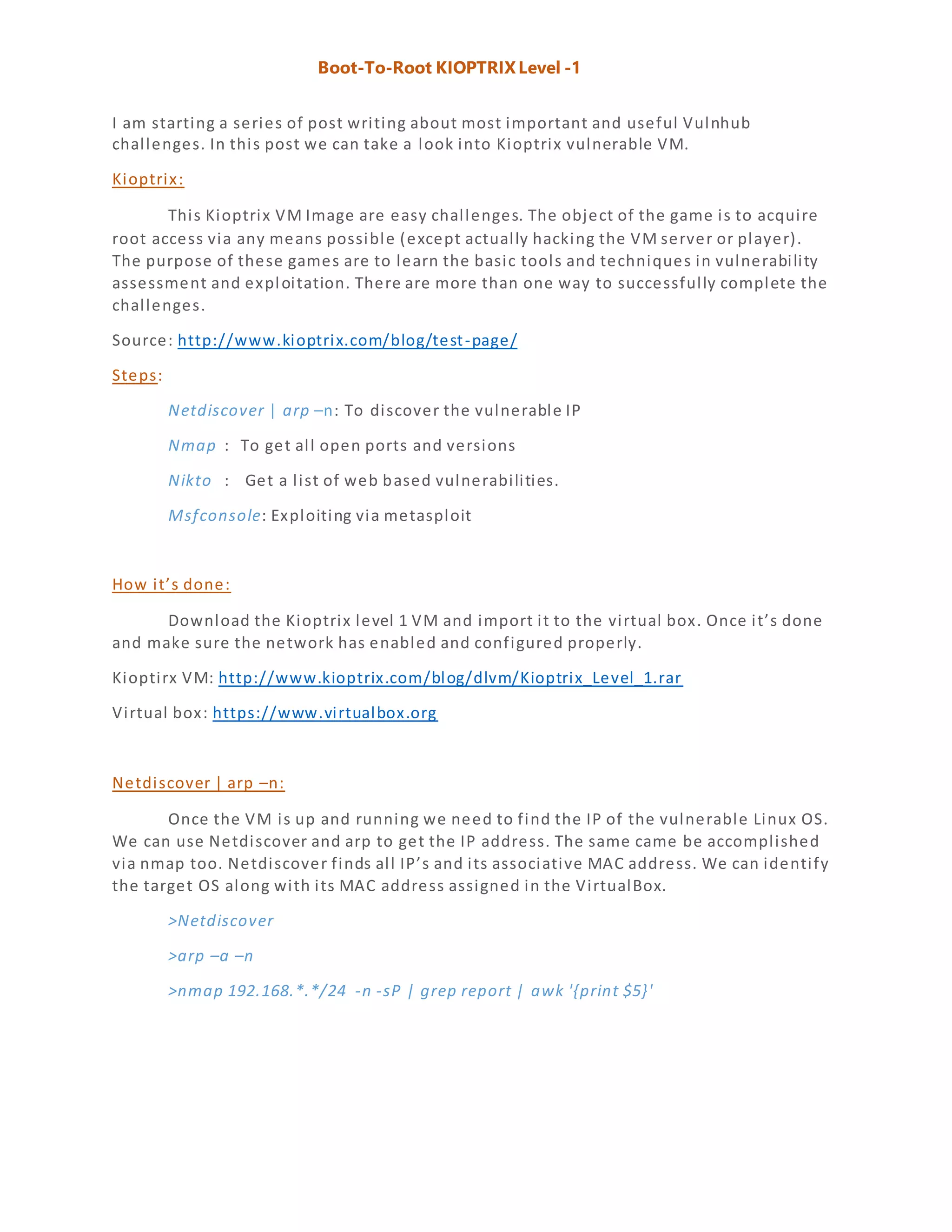 Boot-To-Root KIOPTRIX Level -1 | DOCX