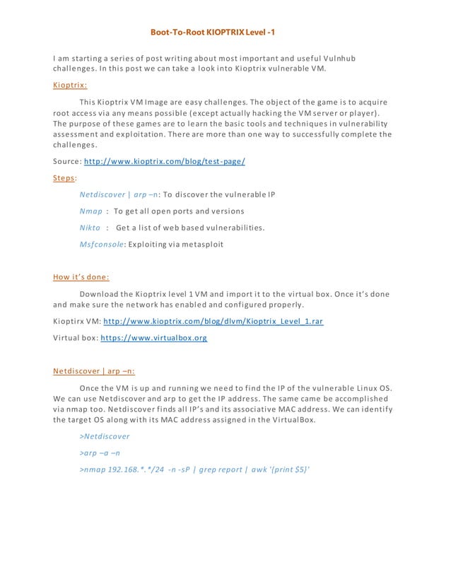 Boot-To-Root KIOPTRIX Level -1 | DOCX | Operating Systems | Computer Software and Applications