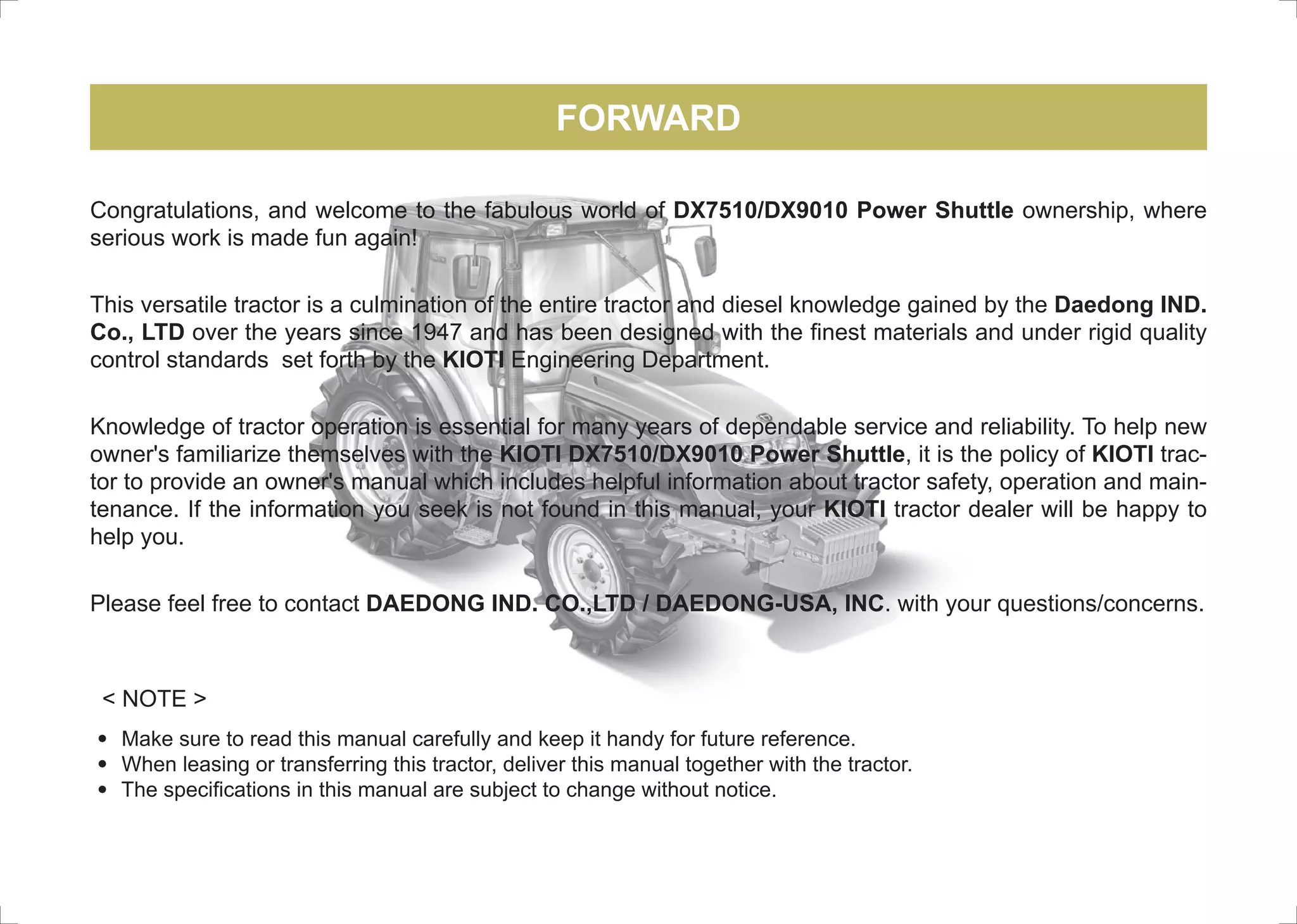 Kioti daedong dx9010 tractor operator manual | PDF