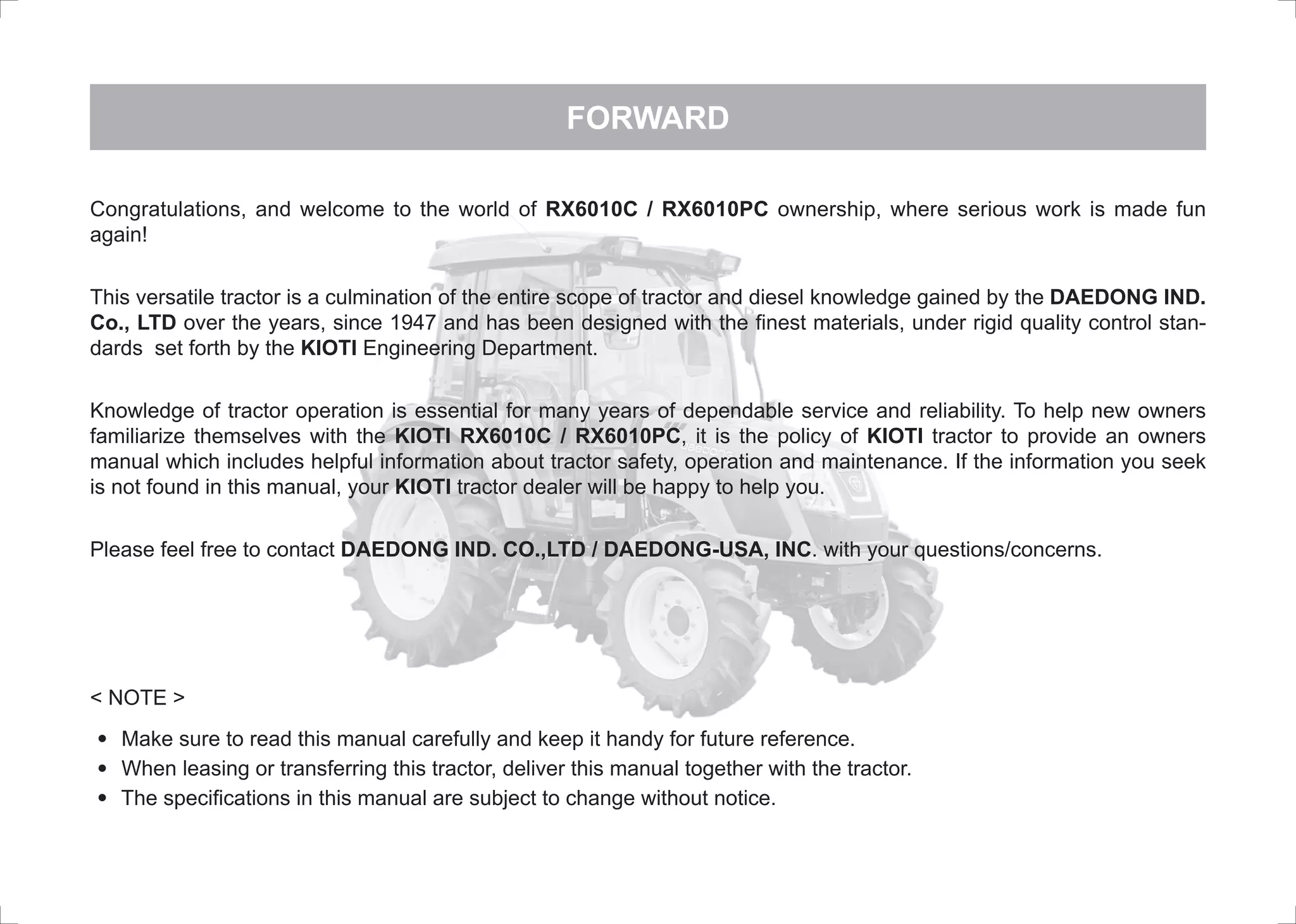 Kioti daedong rx6010 c tractor operator manual | PPT