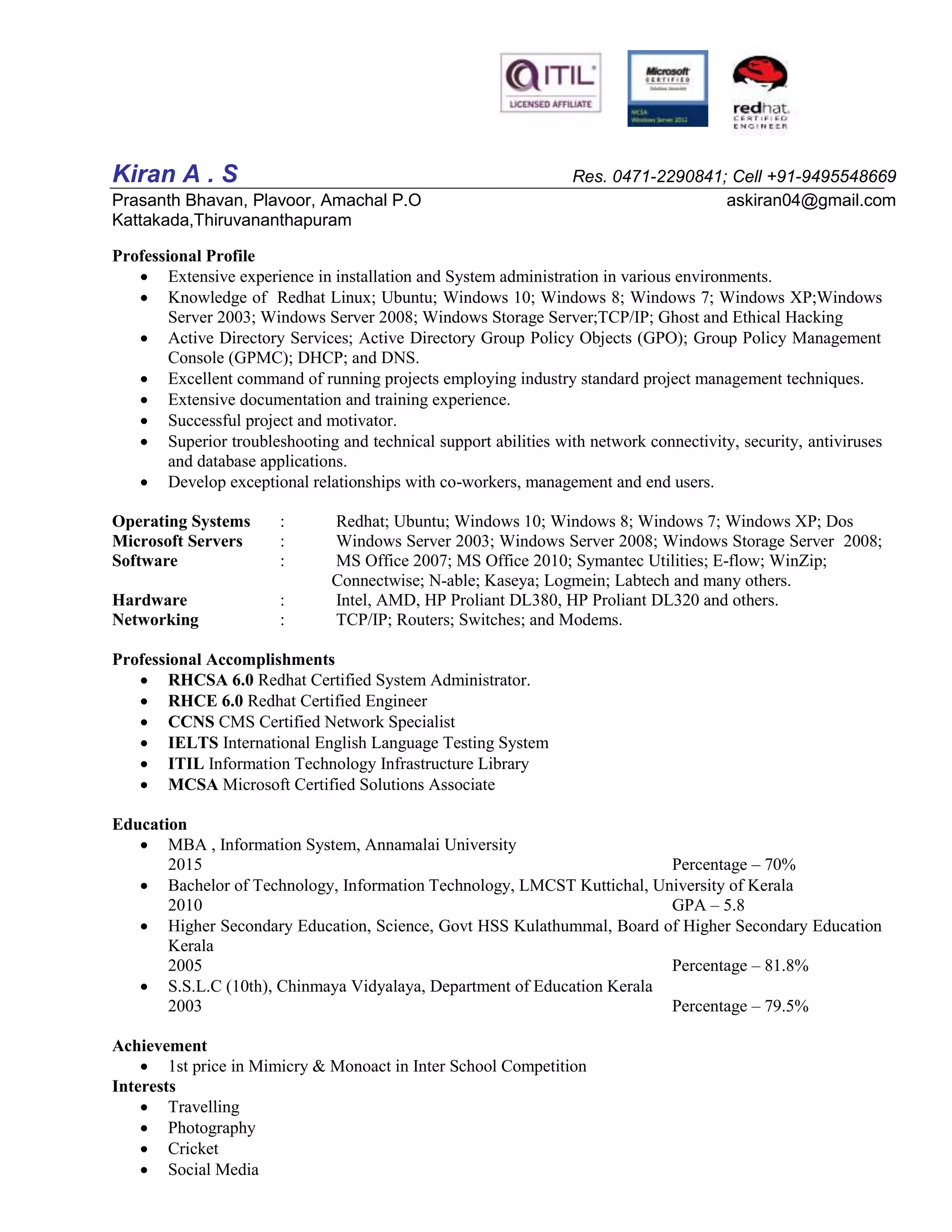 Kiran a s system administrator | PDF | IT and Internet Support | Internet