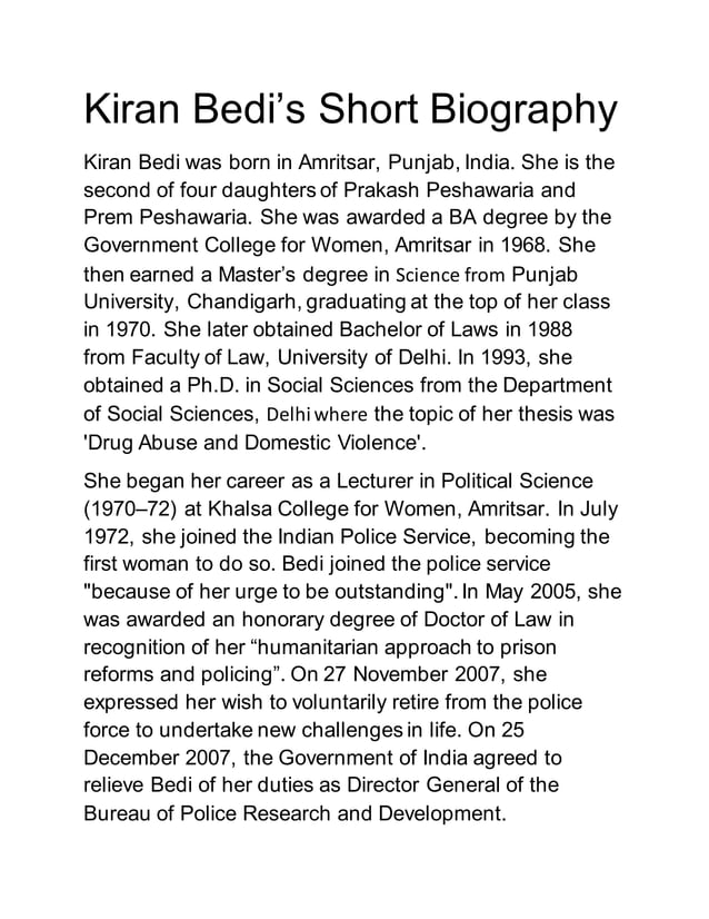 Kiran bedi's Short Biography | DOCX