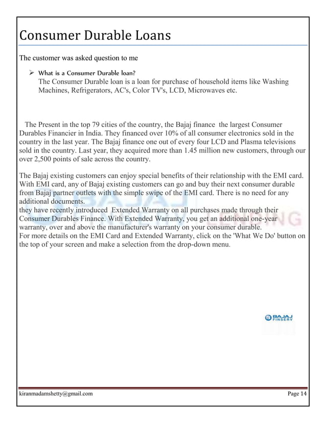 PROJECT ON CONSUMER DURABLE LOANS IN BAJAJ FINANCE | PDF