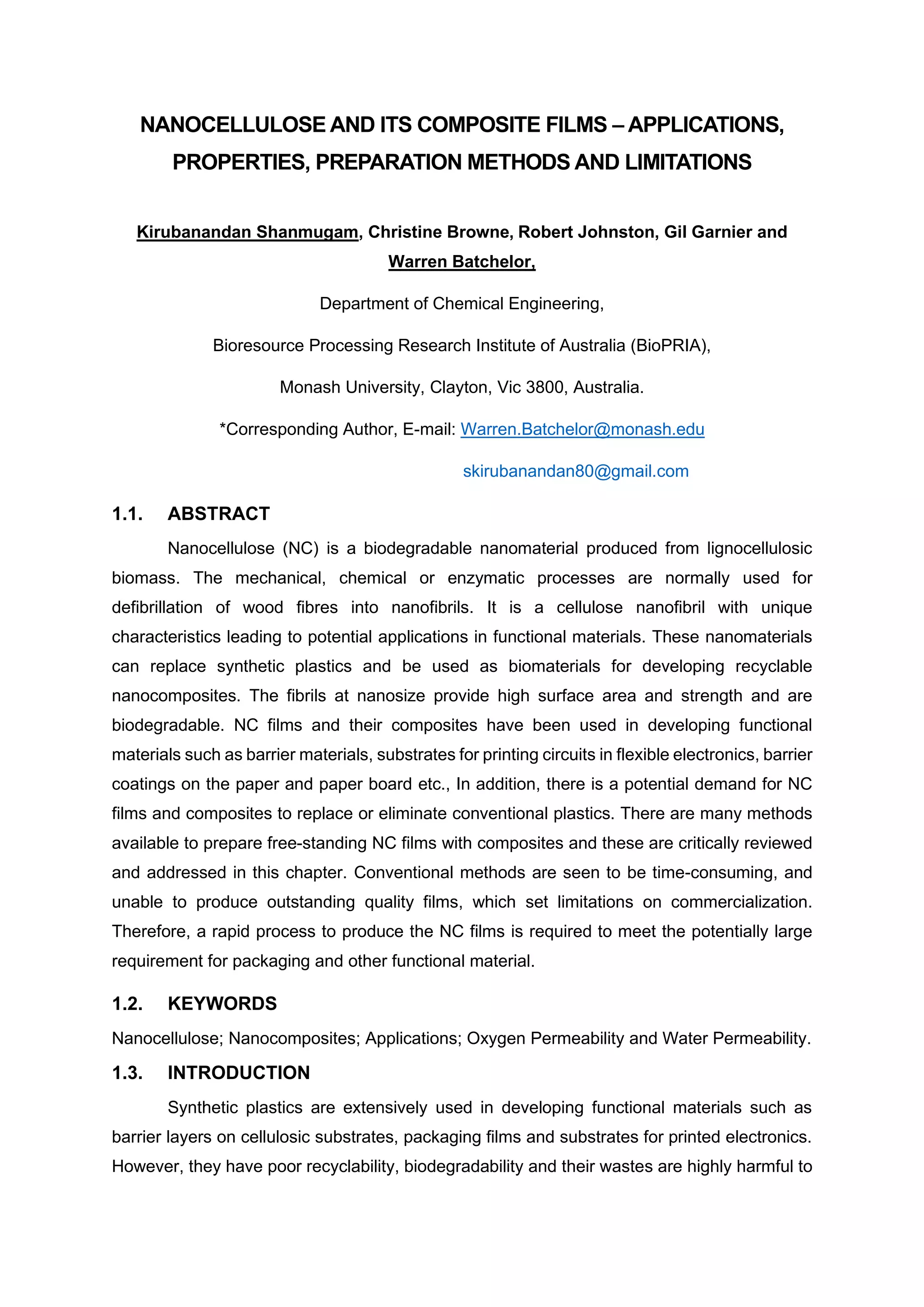 NANOCELLULOSE AND ITS COMPOSITE FILMS – APPLICATIONS, PROPERTIES, PREPARATION METHODS AND ...