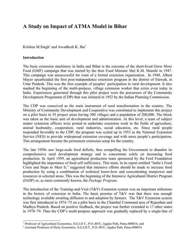 Impact of ATMA Model in Bihar | PDF