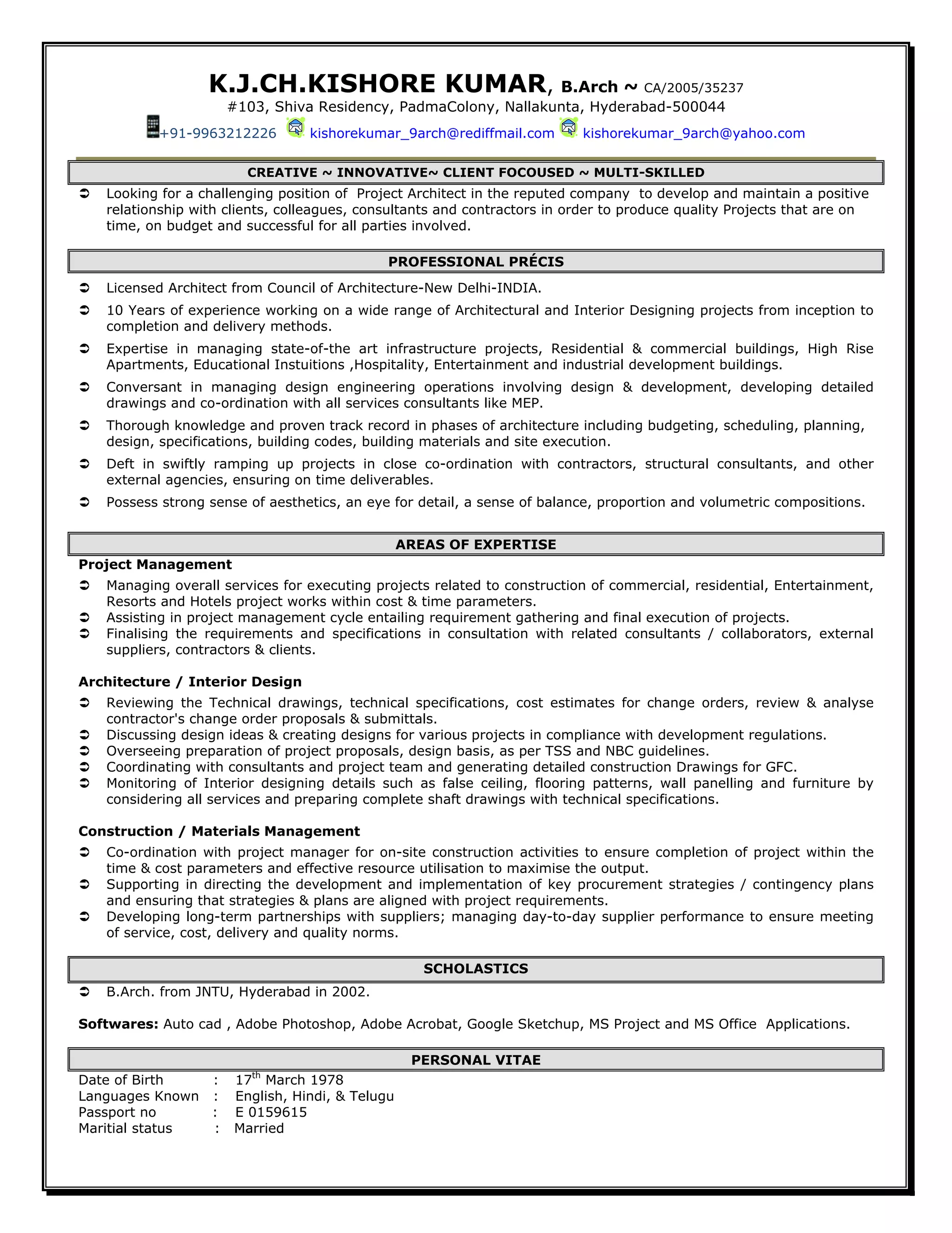 Kishore resume 2012 | PDF | Civil Engineering Industry | Industries