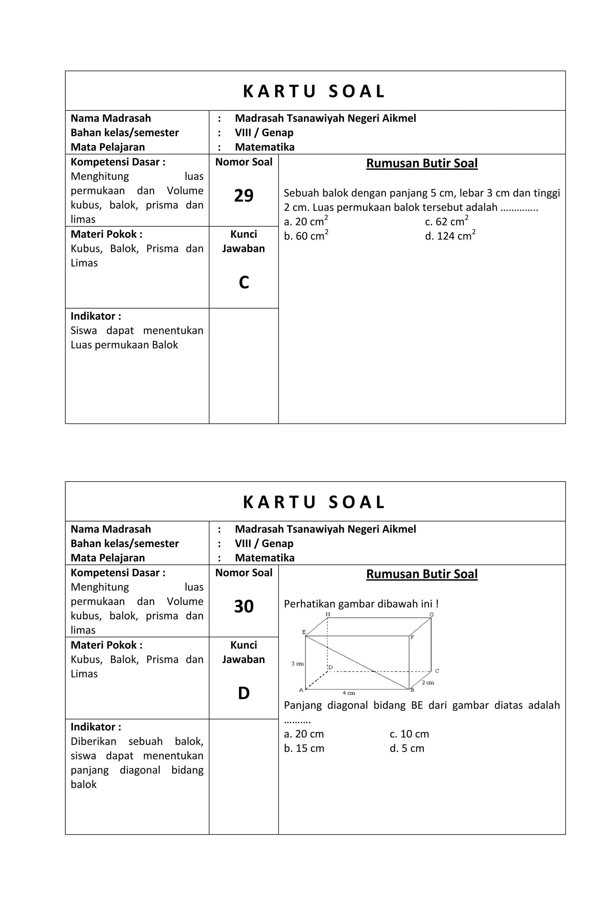 Kisi kisi dan Kartu Soal Matematika Kelas 8 | PPT