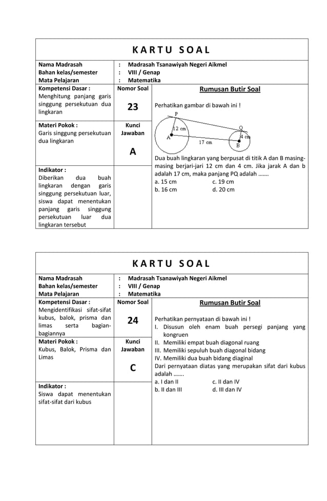 Kisi kisi dan Kartu Soal Matematika Kelas 8 | PPT