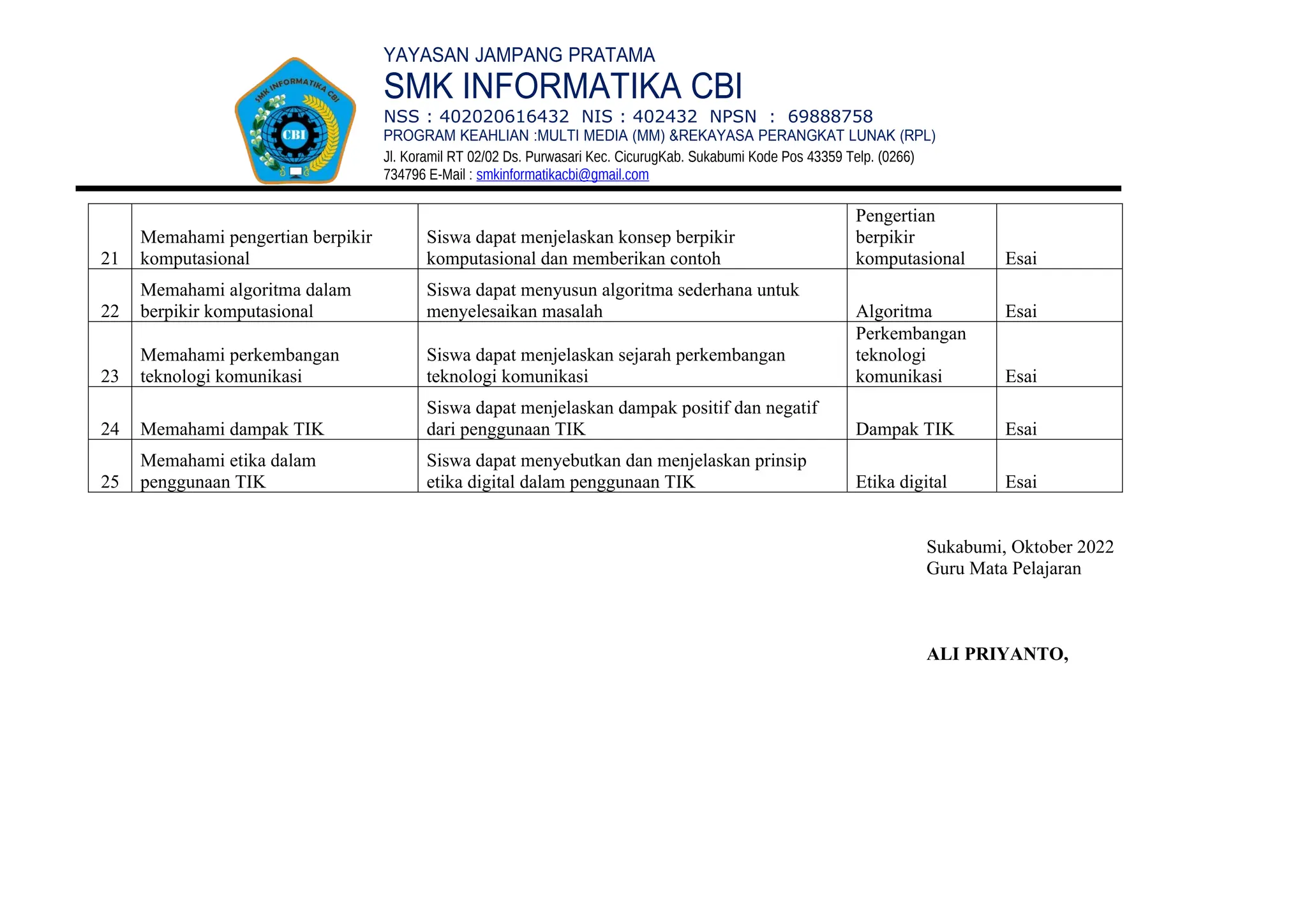 KISI-KISI MATA PELAJARAN INFORMATIKA KELAS X | DOCX