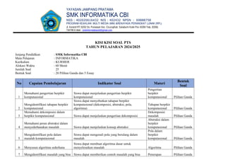 KISI-KISI MATA PELAJARAN INFORMATIKA KELAS X | DOCX