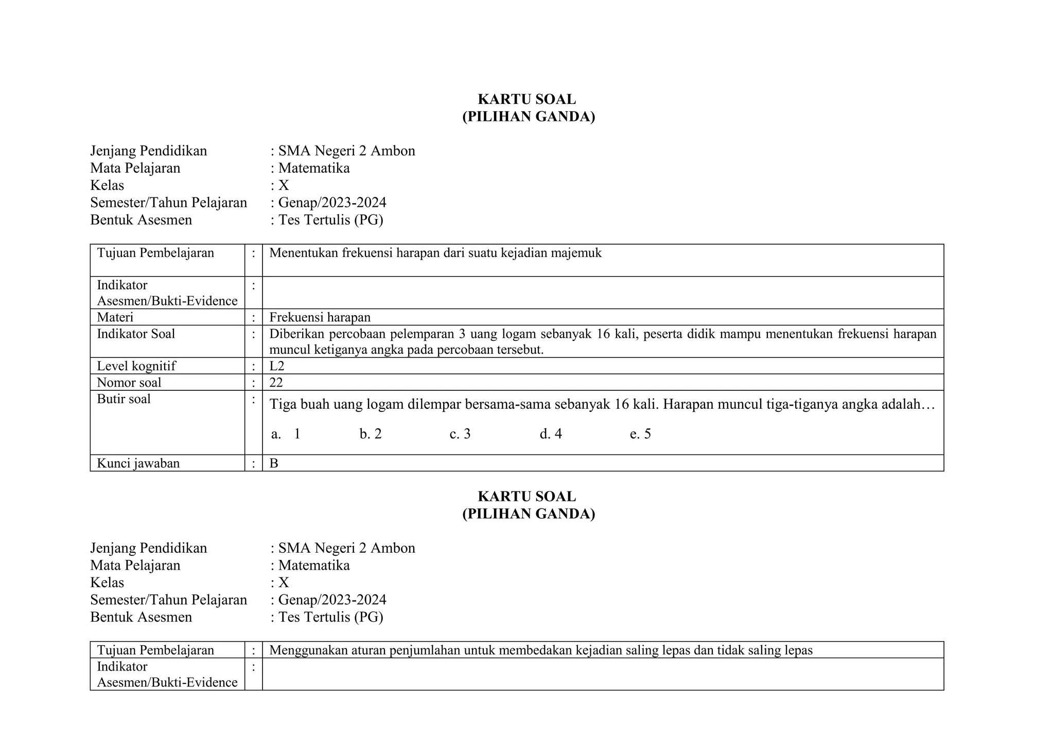KISI-KISI & KARTU SOAL ASESMEN SUMATIF MATEMATIKA KELAS X.docx