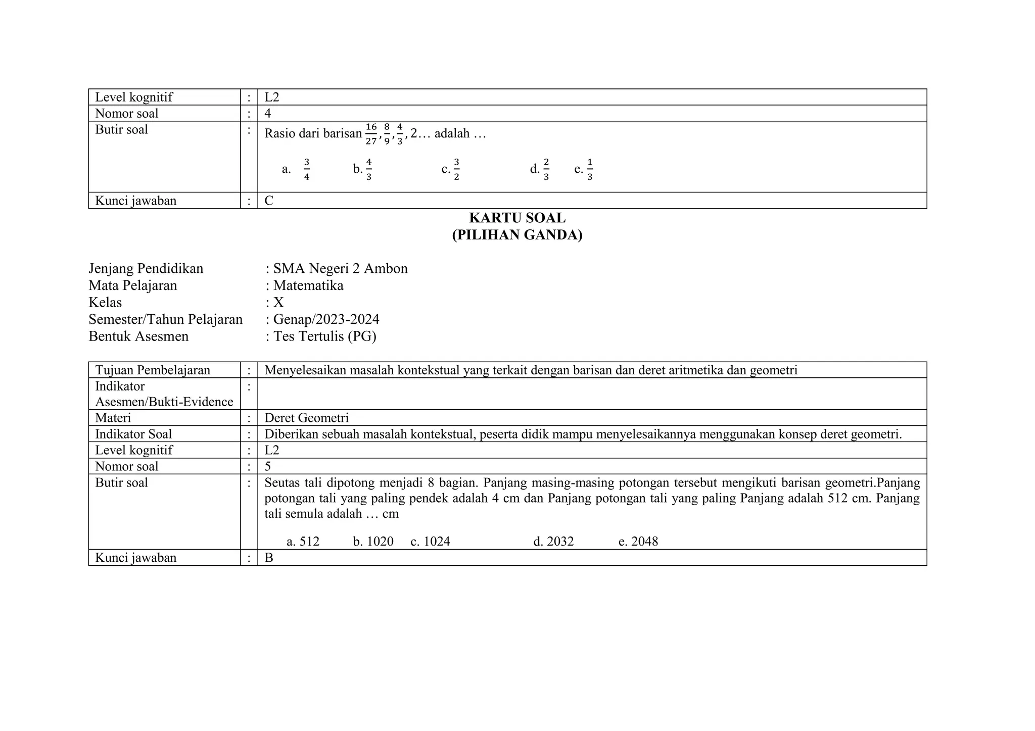 KISI-KISI & KARTU SOAL ASESMEN SUMATIF MATEMATIKA KELAS X.docx