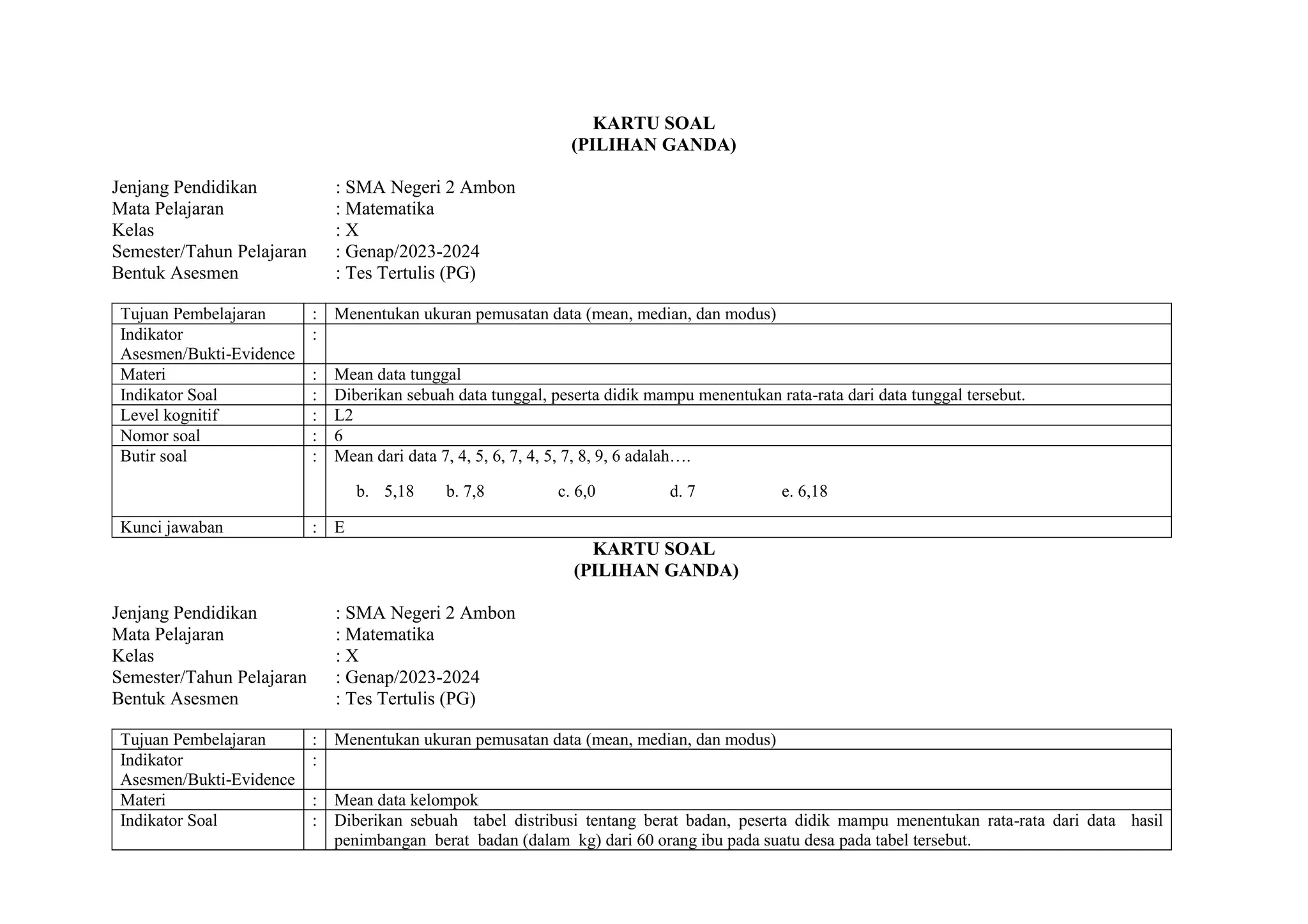 KISI-KISI & KARTU SOAL ASESMEN SUMATIF MATEMATIKA KELAS X.docx