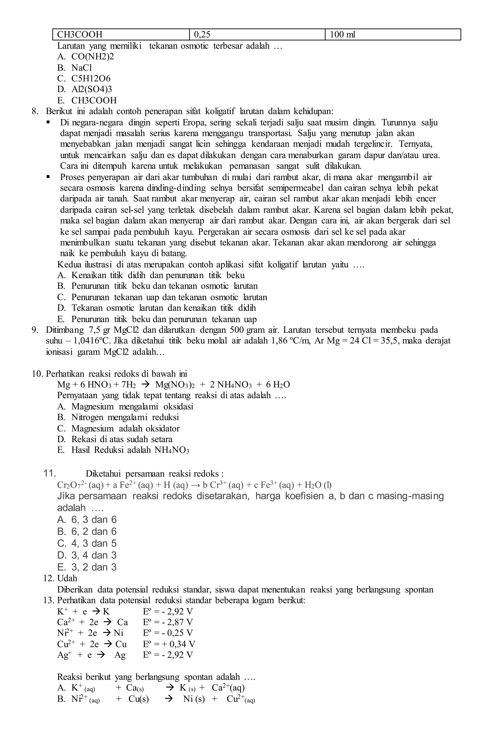 Kisi kisi kimia gasal kls 12 + soal | DOCX