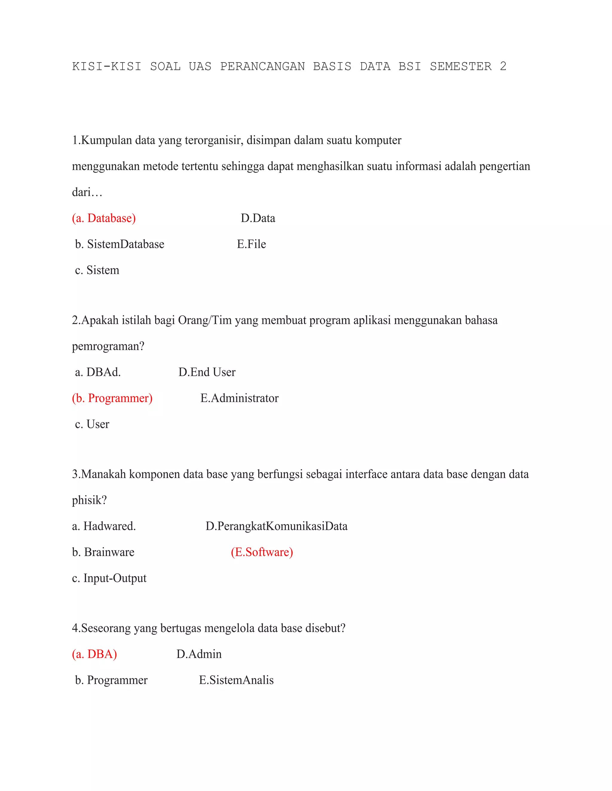 Kisi kisi soal uas semester 2 BSI | PDF