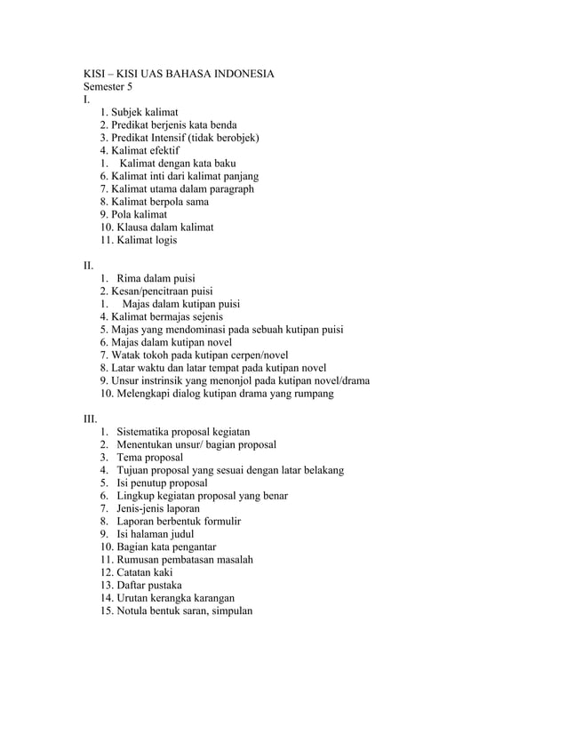 Kisi kisi uas bahasa indonesia | PDF