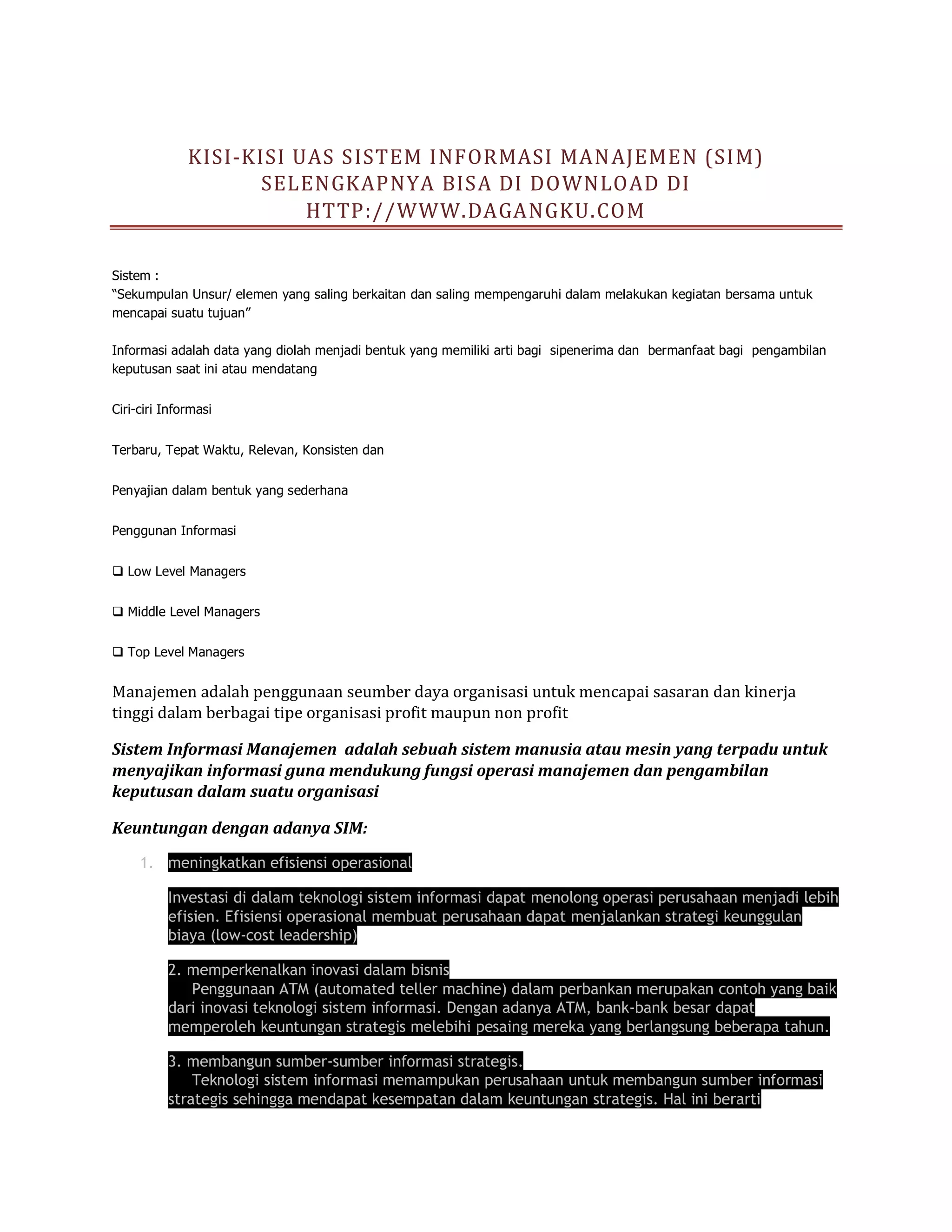 Kisi kisi uas sistem informasi manajemen (sim) | PDF