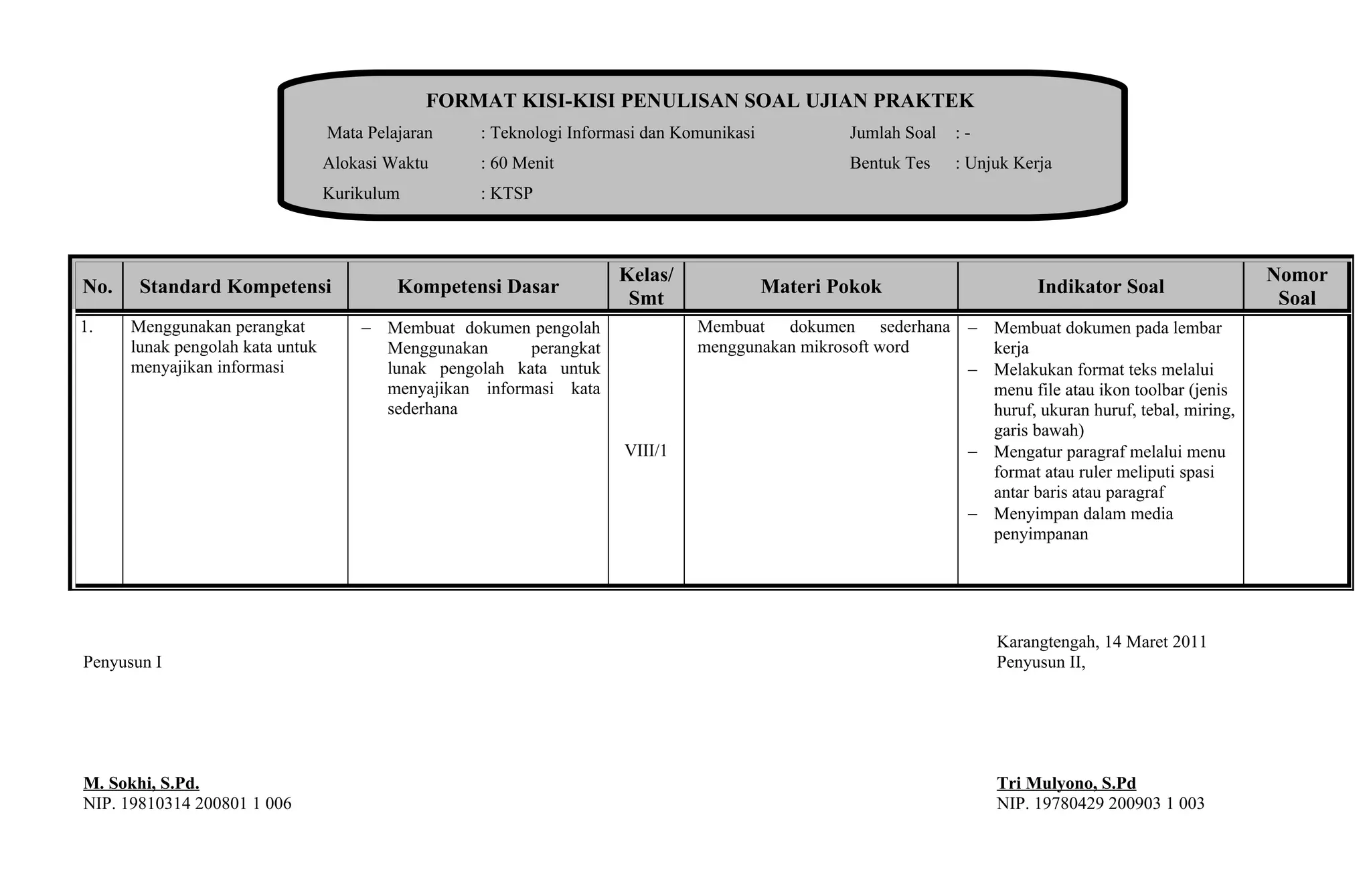 Kisi Kisi Ujian Praktek 00-01 | DOC