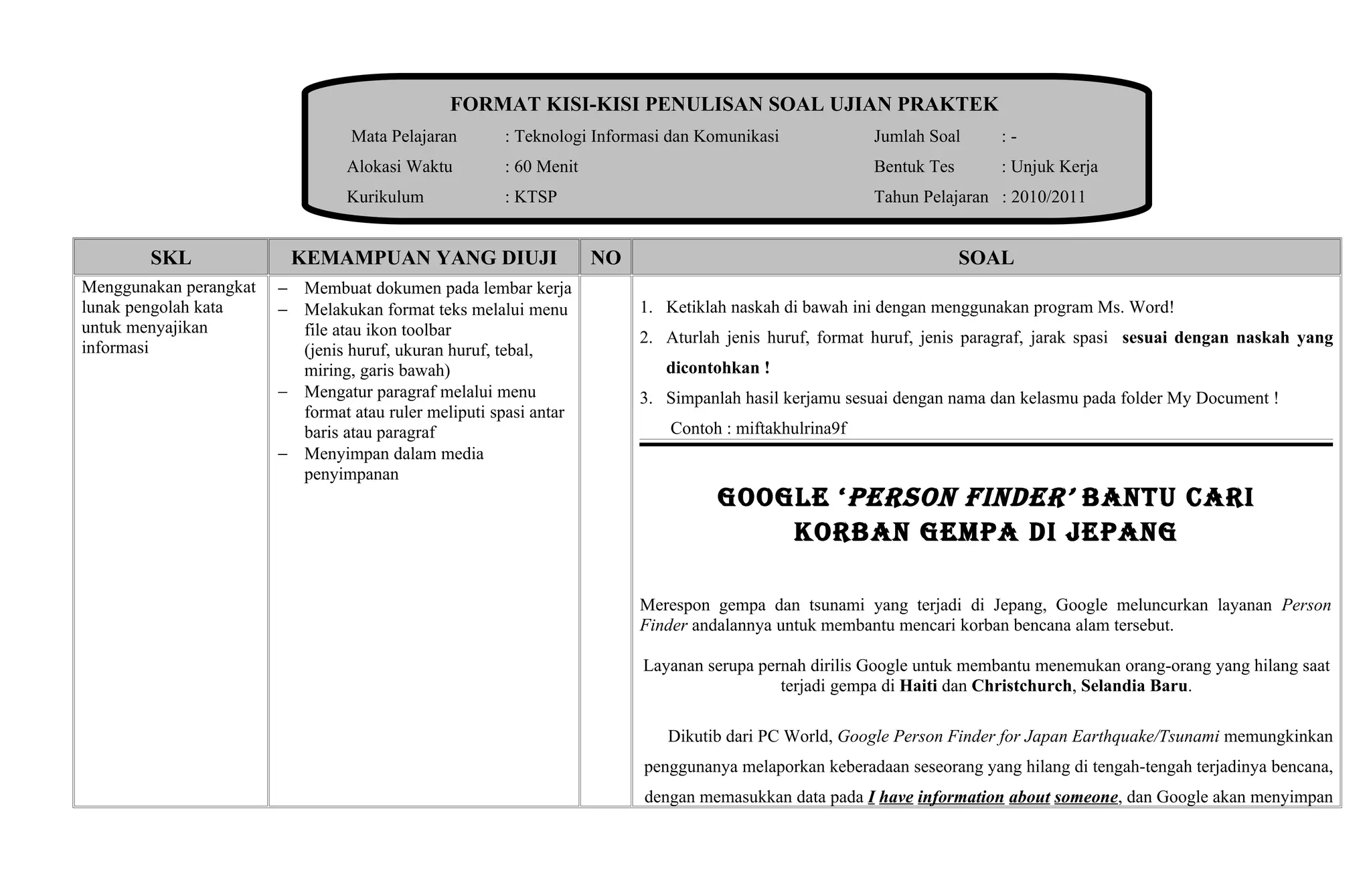 Kisi Kisi Ujian Praktek 00-01 | DOC