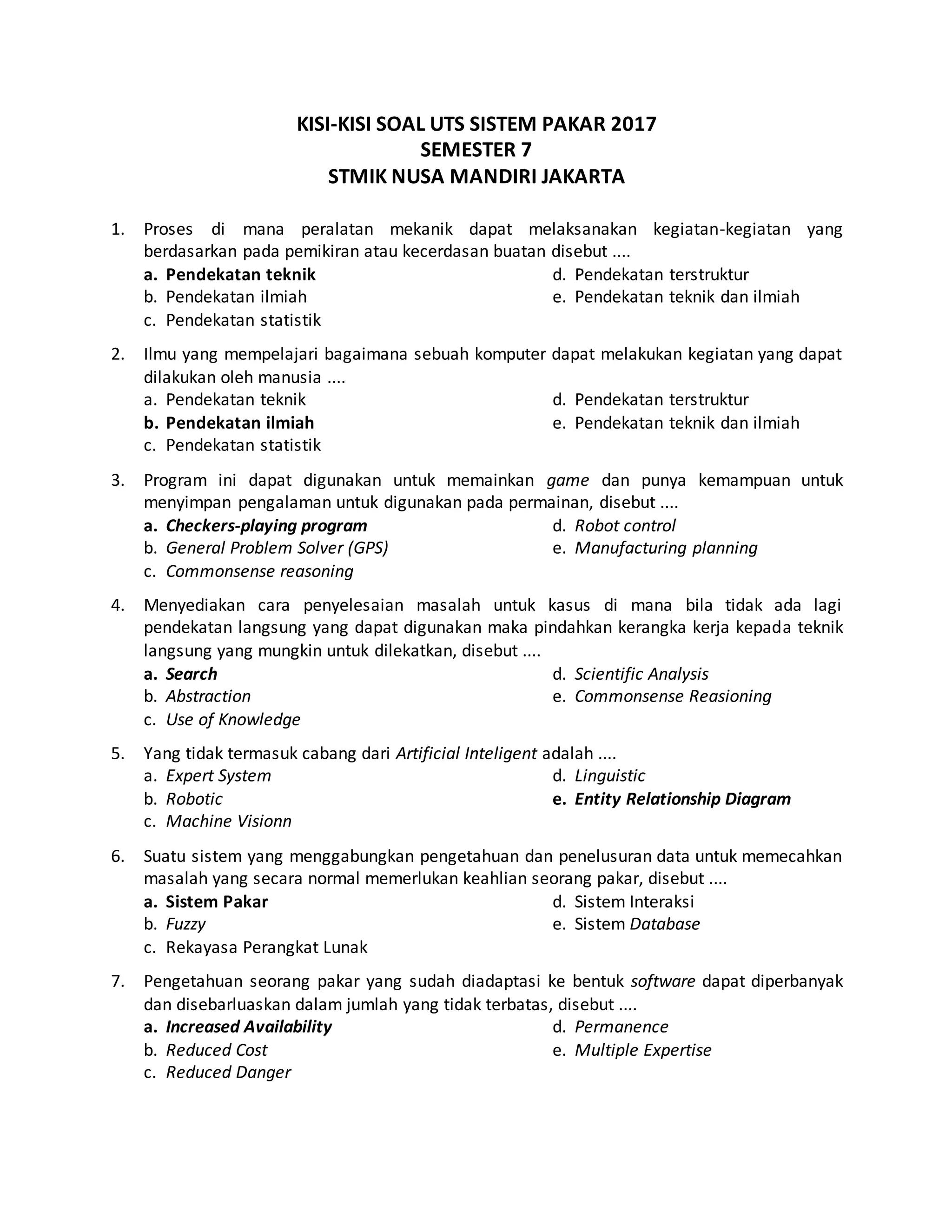 Kisi kisi UTS Sistem Pakar | DOCX