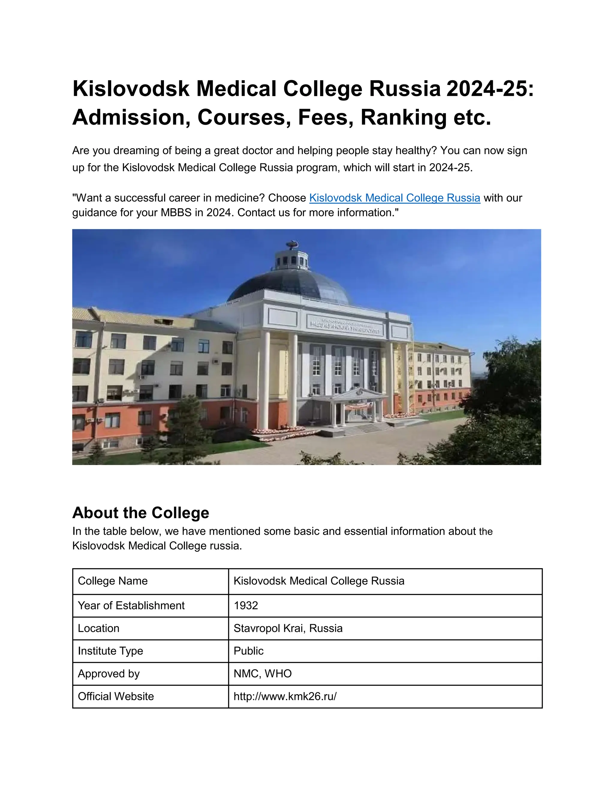 Kislovodsk Medical College Russia 2024-25: Admission, Courses, Fees ...