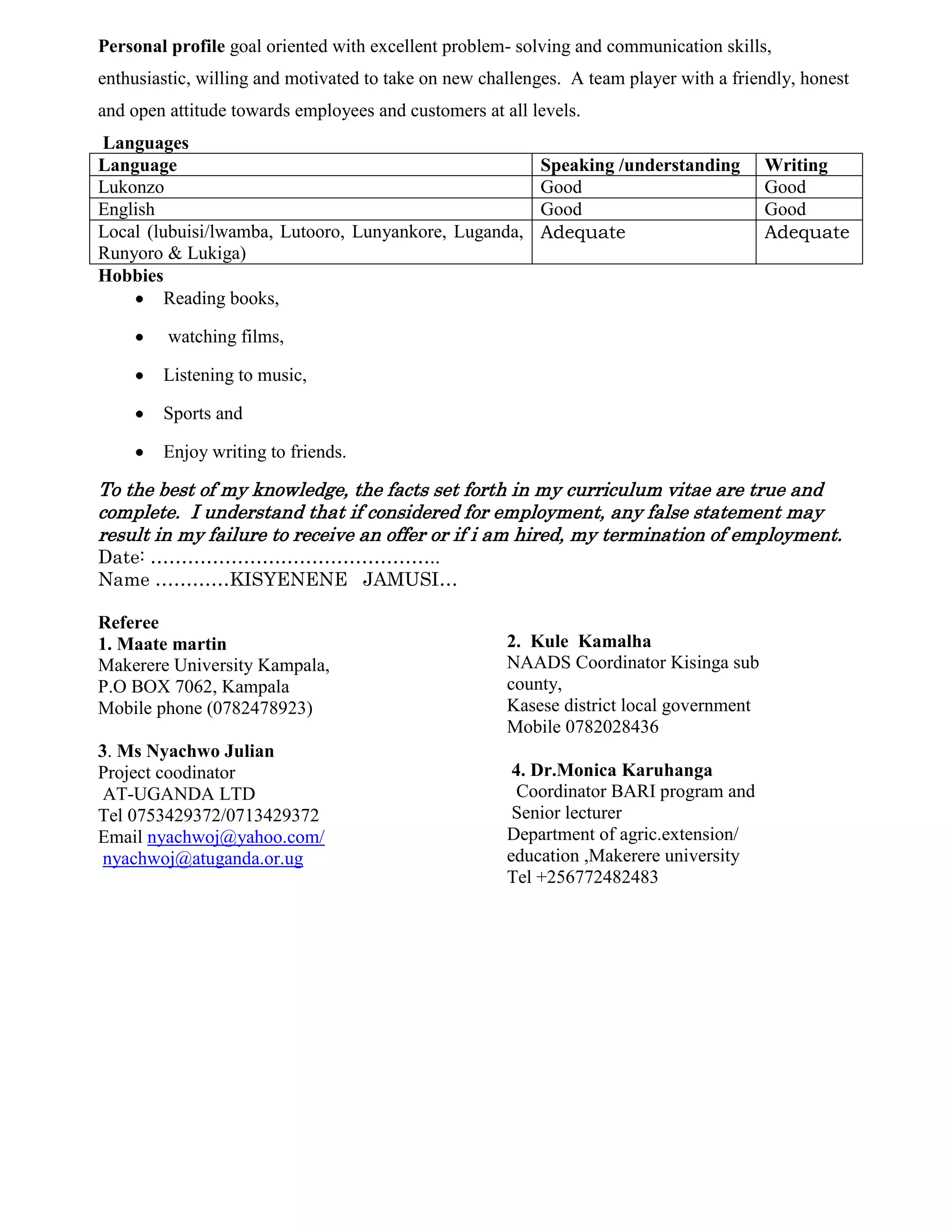 Kisyenene Jamusi Cv | DOCX | Agriculture | Industries