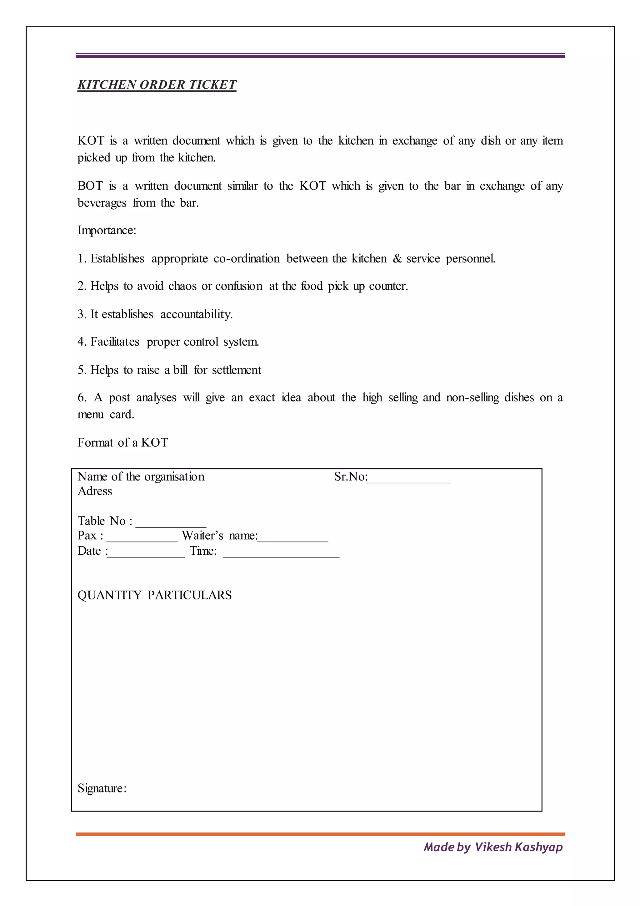 Kitchen order ticket | DOCX