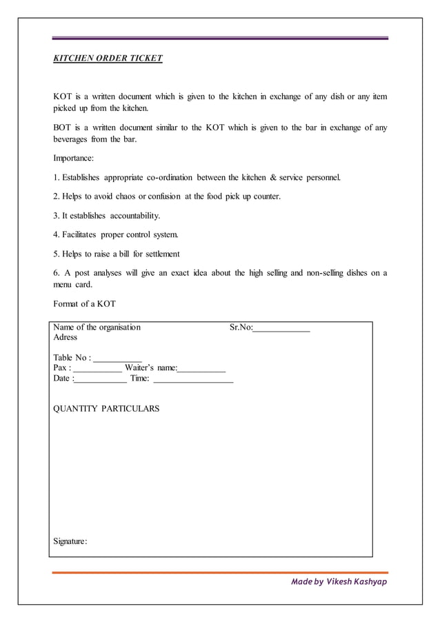 Kitchen order ticket | DOCX