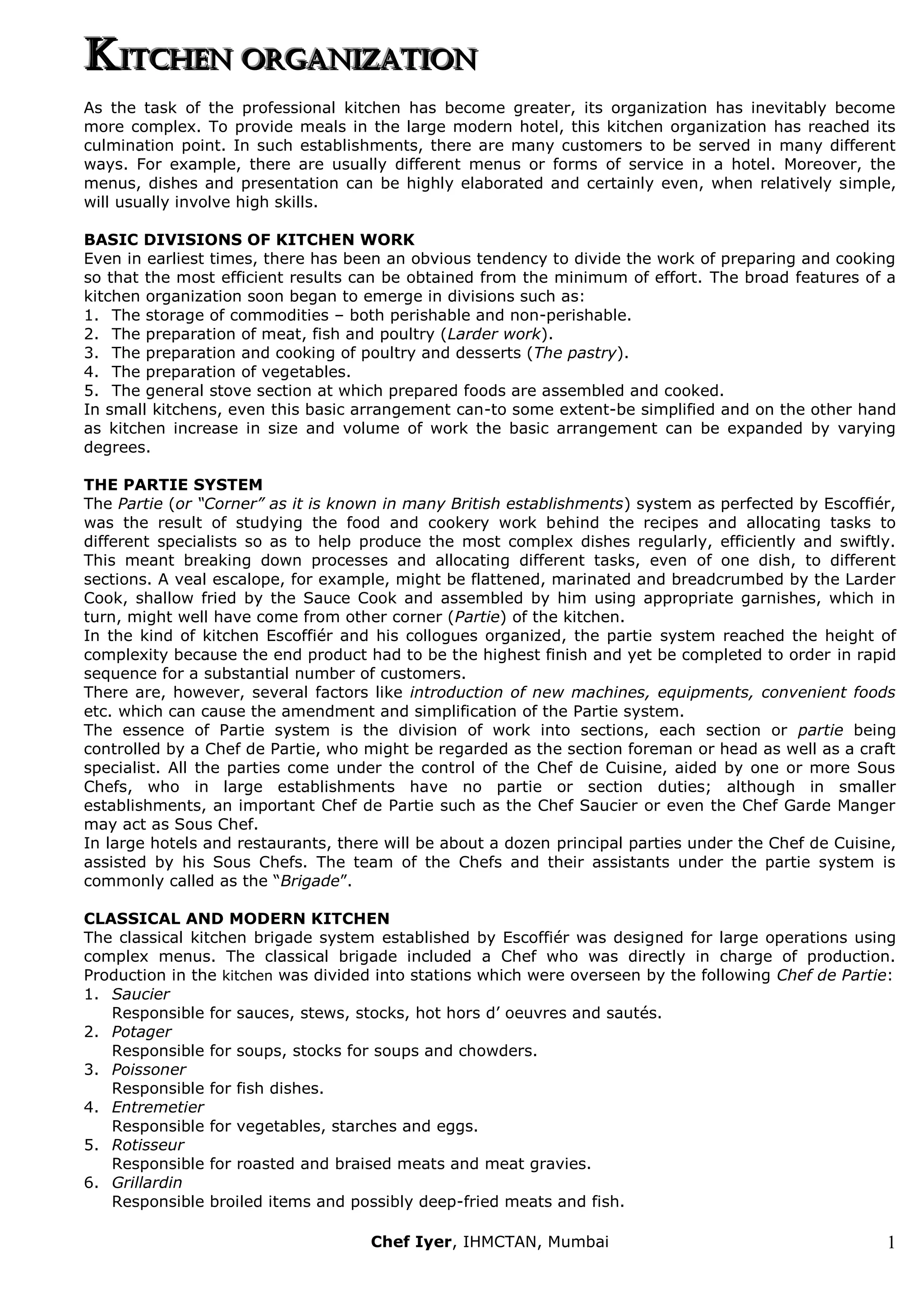 Kitchen organization&duties and resposibilitis of various chefs. | PDF