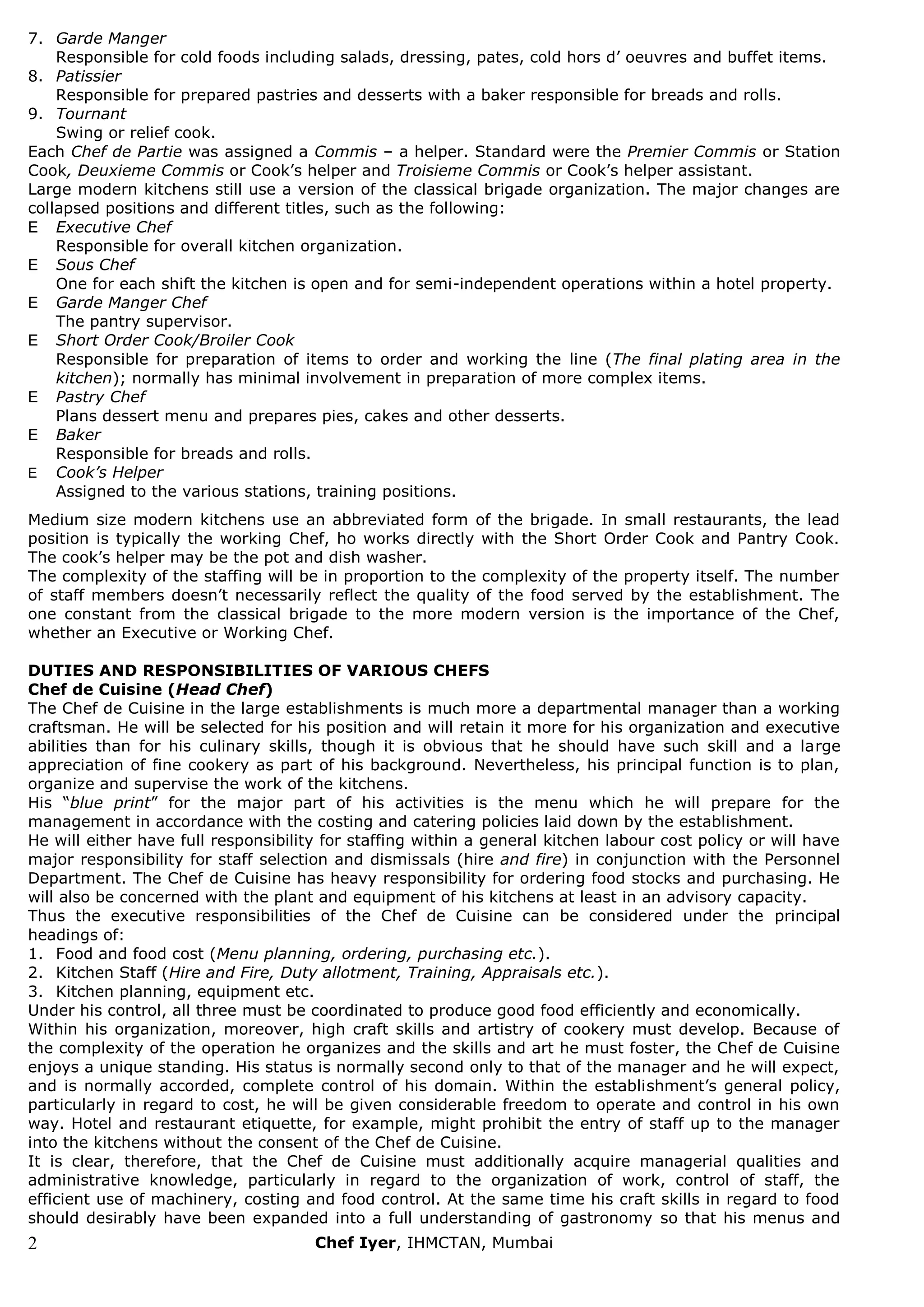 Kitchen organization&duties and resposibilitis of various chefs. | PDF