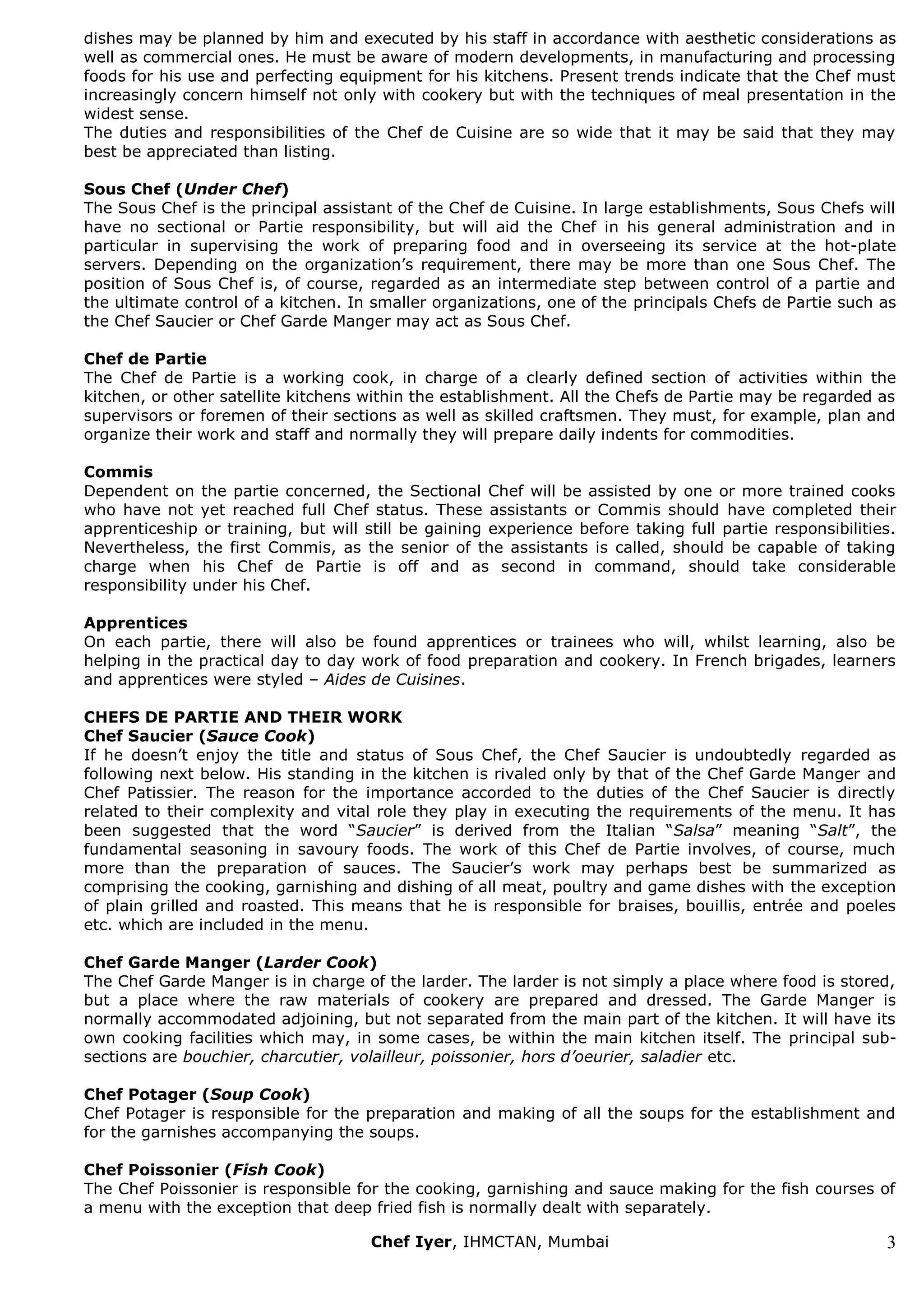 Kitchen organization&duties and resposibilitis of various chefs. | PDF