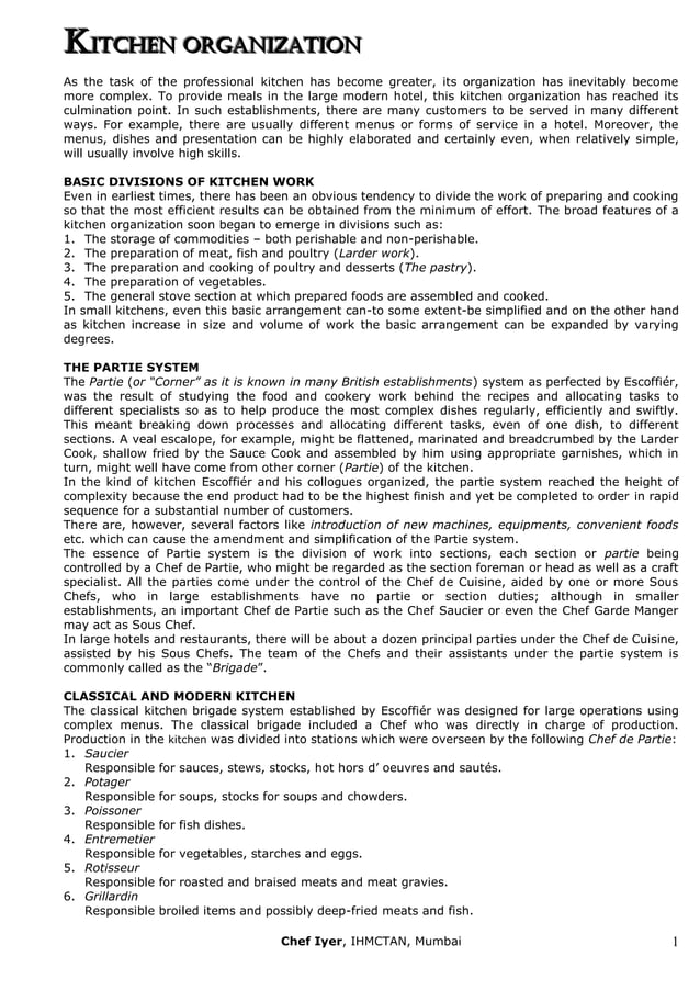 Kitchen organization&duties and resposibilitis of various chefs. | PDF