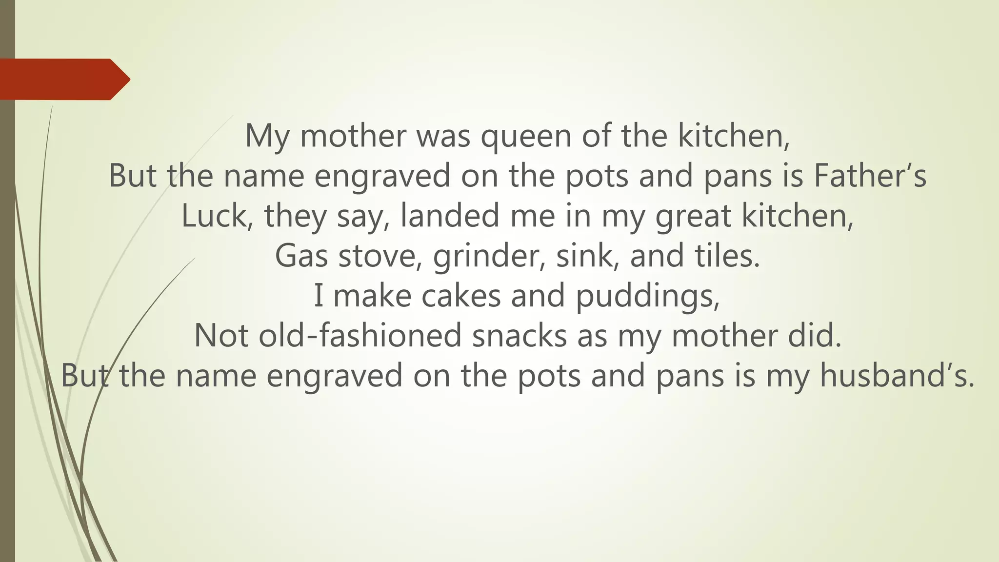 English Kitchen Poem by Vimala with Analysis. | PPTX