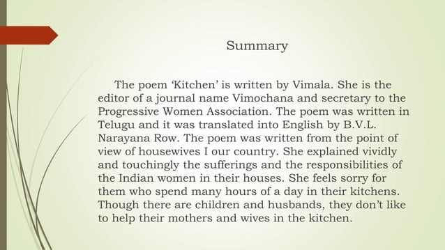 English Kitchen Poem by Vimala with Analysis.