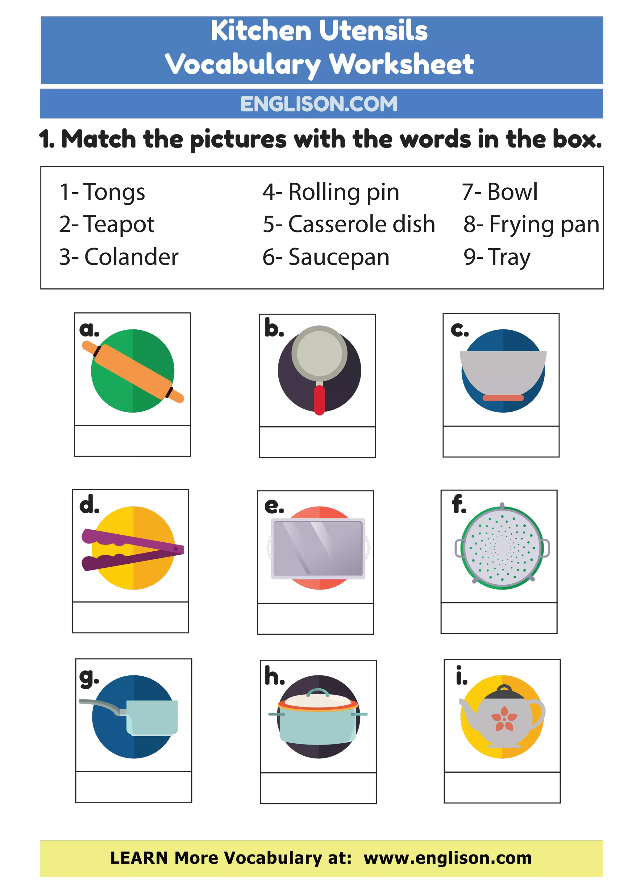 Kitchen utensils vocabulary worksheet | PDF