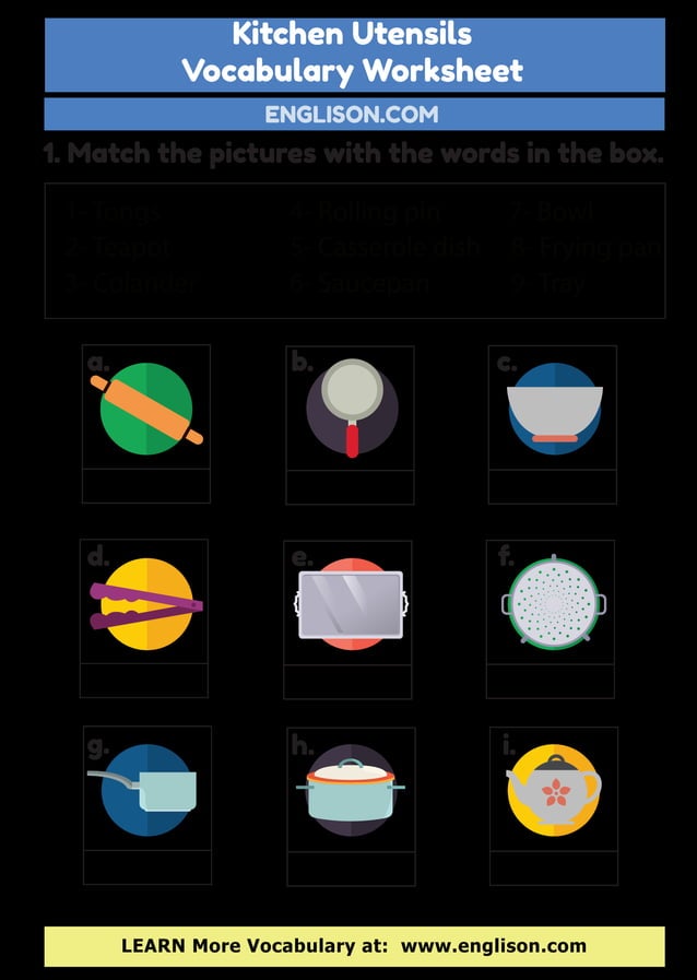 Kitchen utensils vocabulary worksheet | PDF
