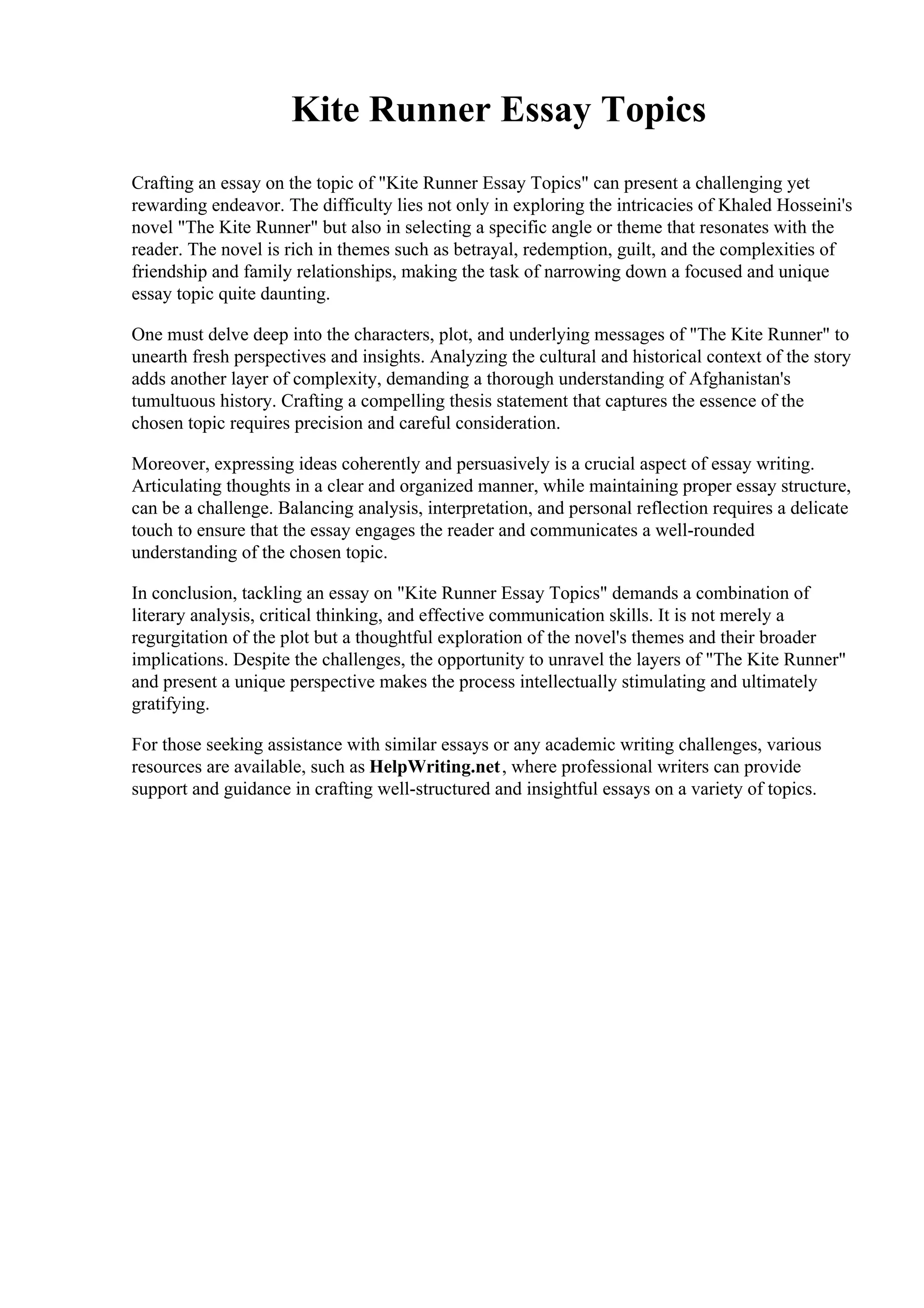 Kite Runner Essay Topics.pdf | Fiction | Books and Literature