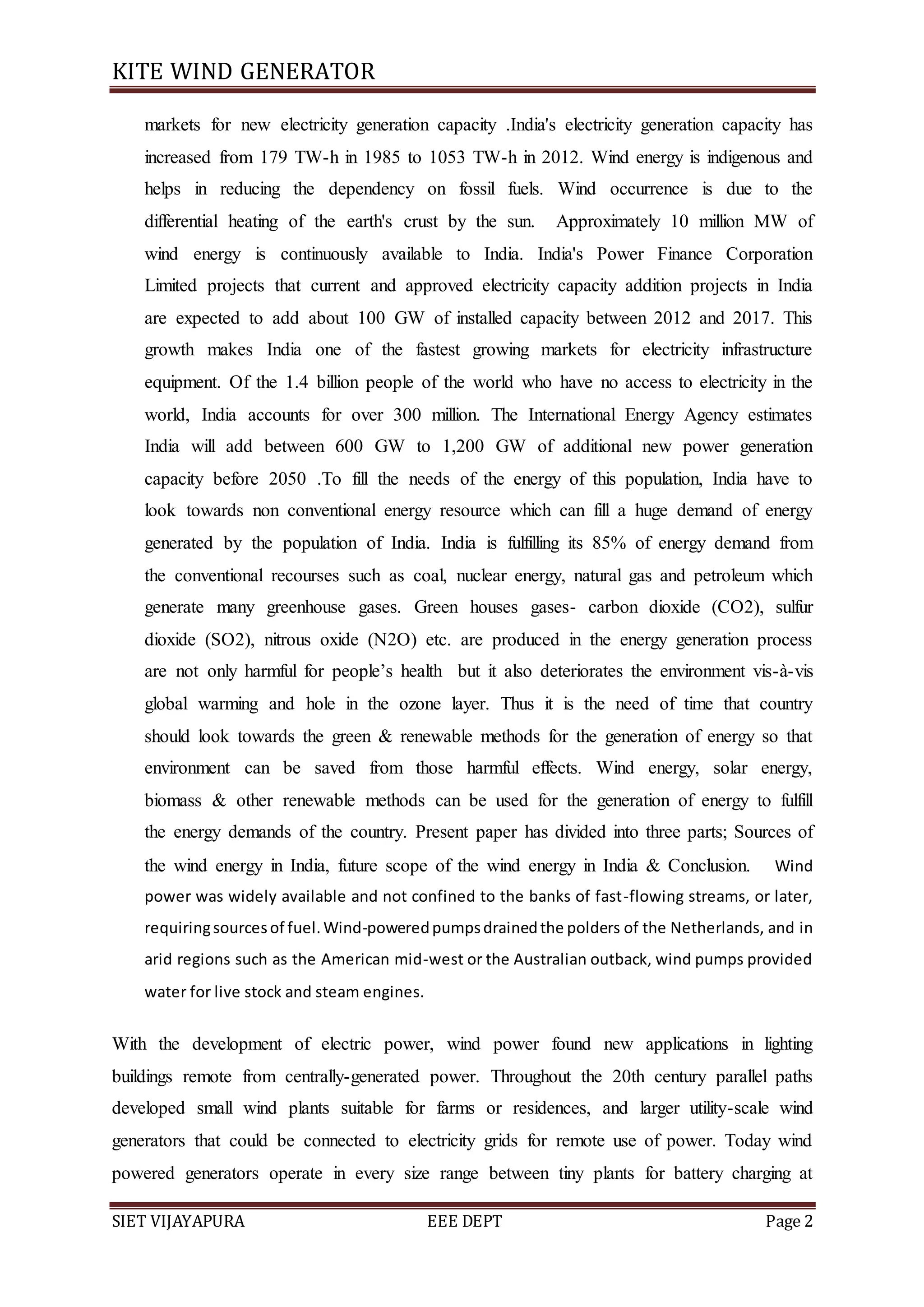 Kite wind generator | DOCX | Power and Energy Industry | Industries